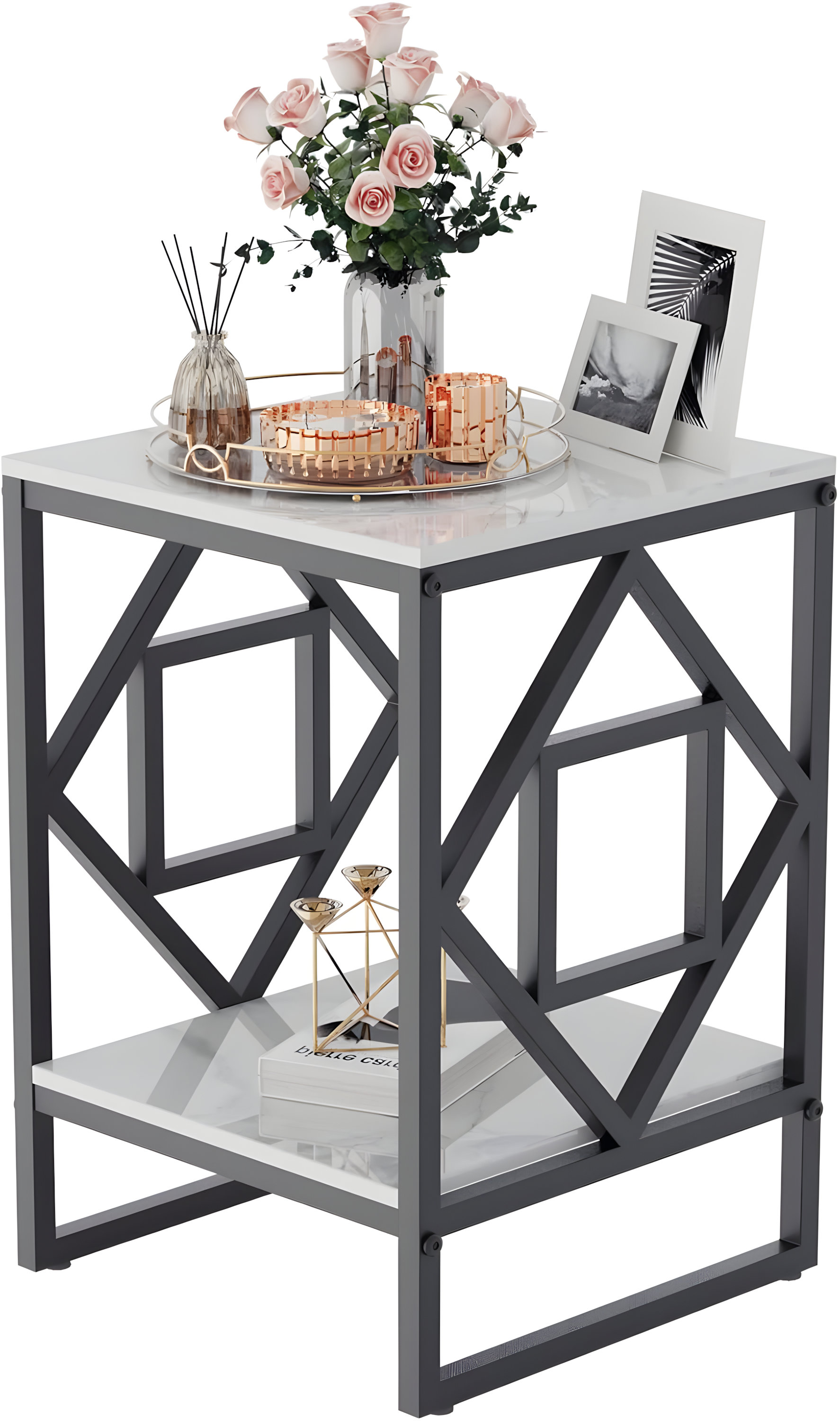 Orren Ellis Modern Sintered Stone Side Table With Geometric Metal Frame ...