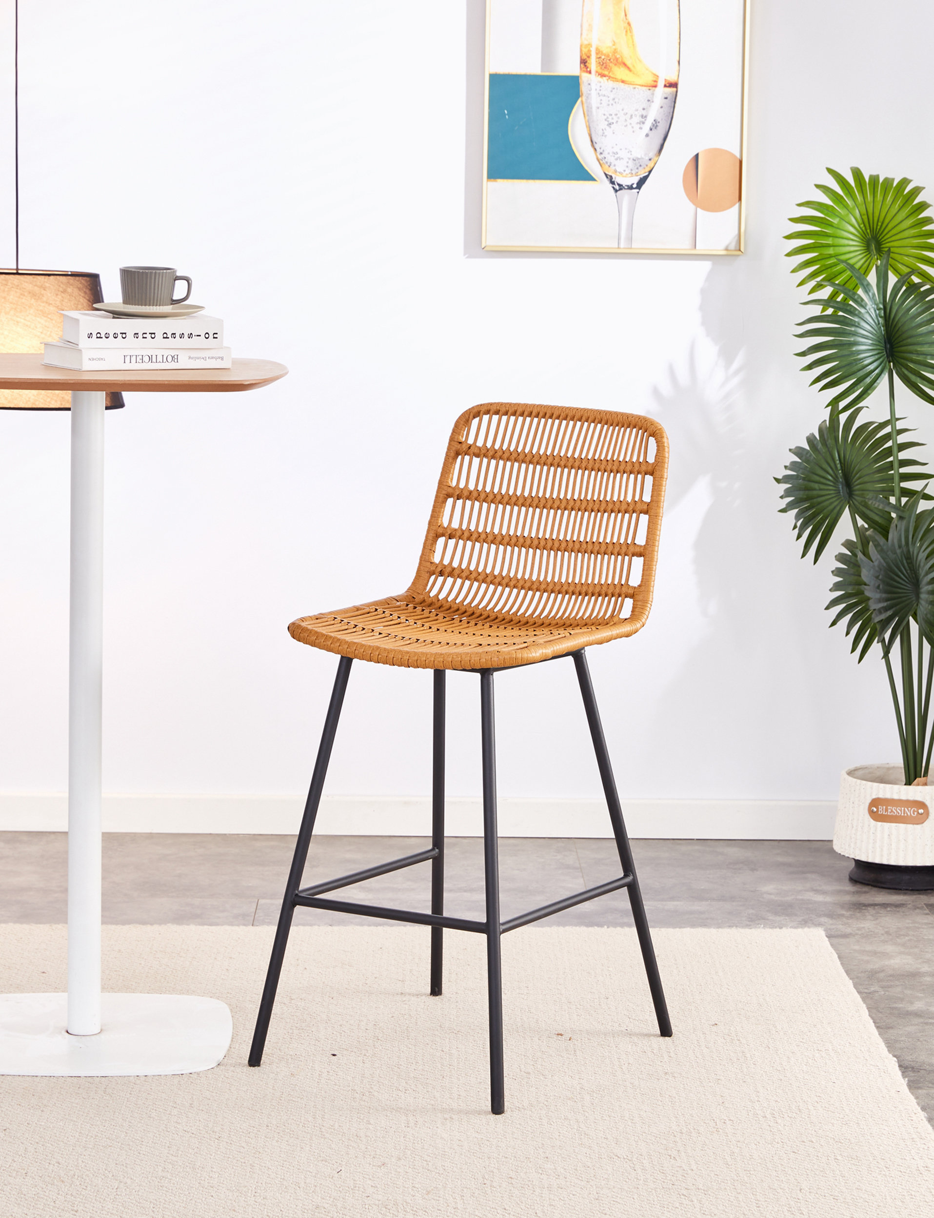 Dakota Fields Rattan Bar Stool NTRL w/Black Mtl Frame TrckShp (Counter ...