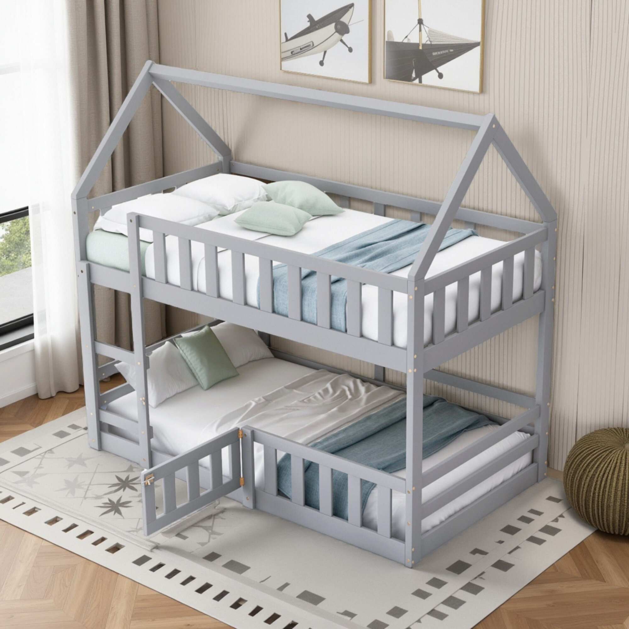 Harper Orchard Twin Over Twin House Bunk Bed With Fence Guardrails ...