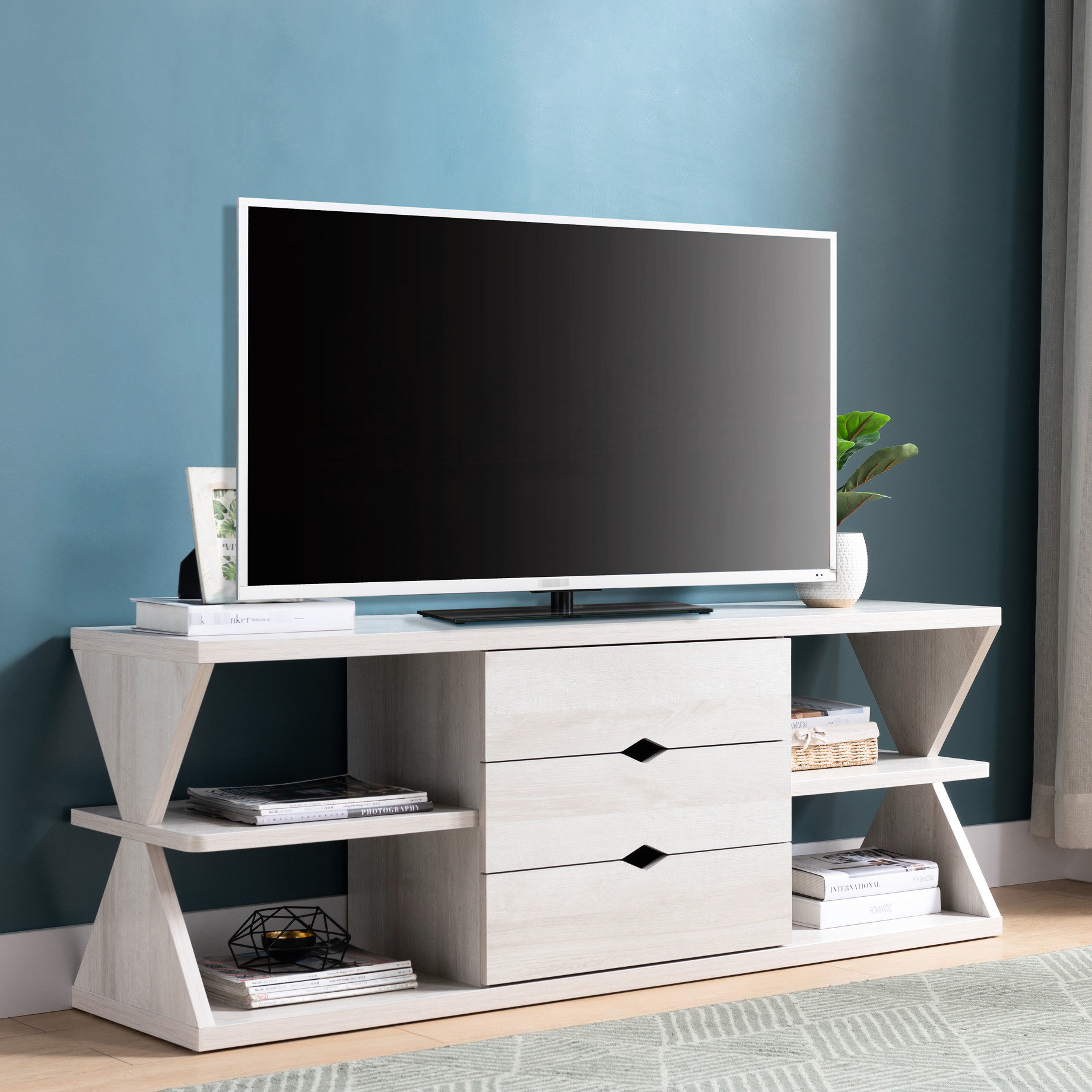 Latitude Run® Four Shelf And Three Drawer Tv Stand Made From White Oak ...