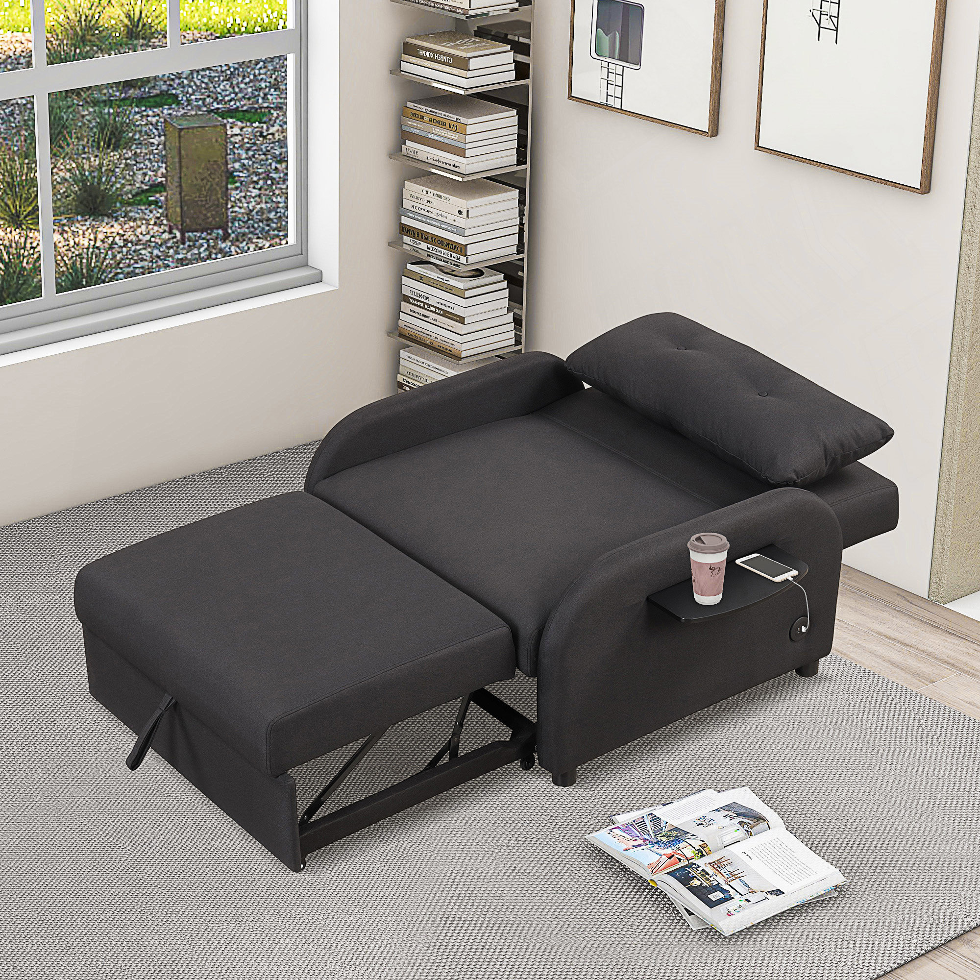 Latitude Run® Pull Out Sofa Sleeper 3 In 1 With 2Wing Table And USB ...