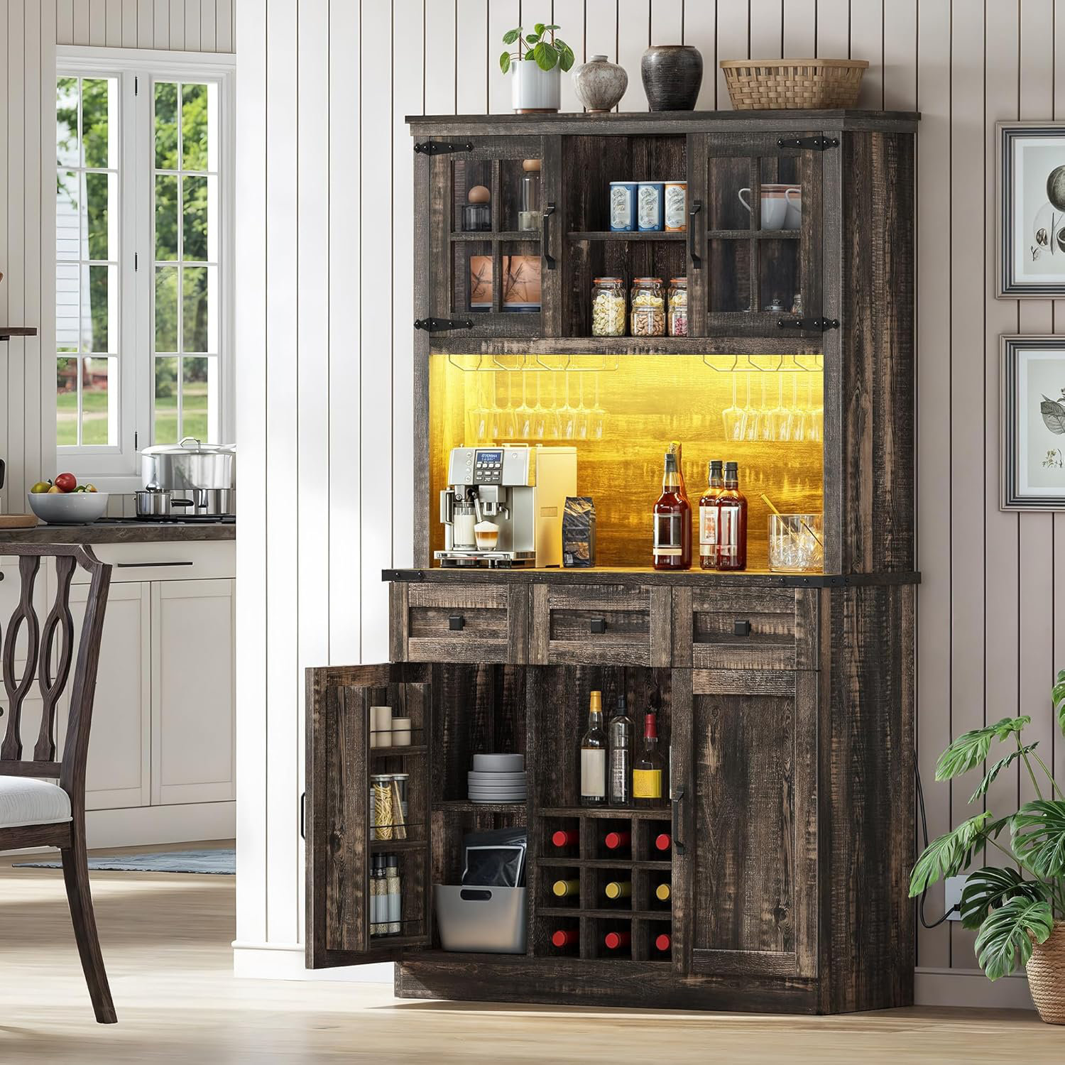 Ivy Bronx Coffee Bar Cabinet with Power Outlet/Lights, 72" Farmhouse ...
