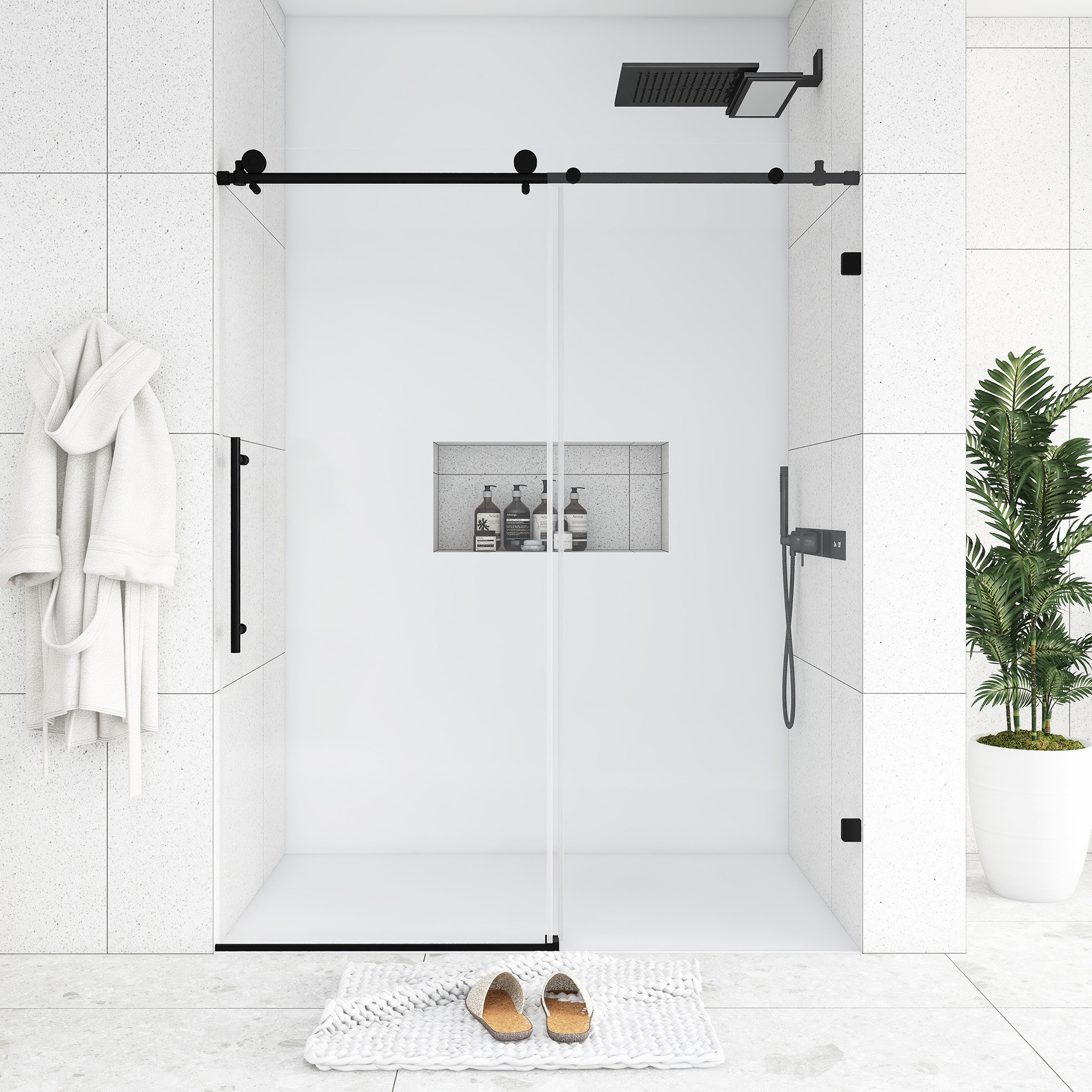 Jims Maison 60 In. W X 74 In. H Sliding Semi-Frameless Shower Door In Gold And Black Finish ...