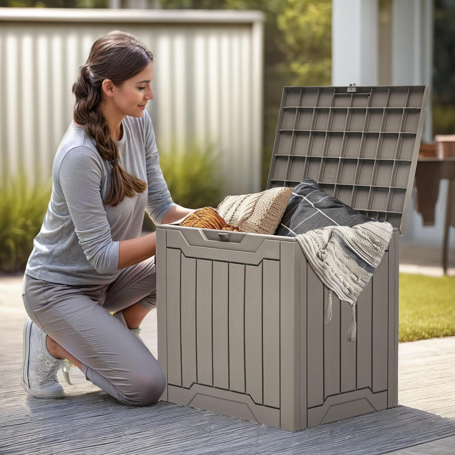 SOSHNA Outdoor Resin Storage Box 31 Gal, Water-resistant Patio Deck Box ...