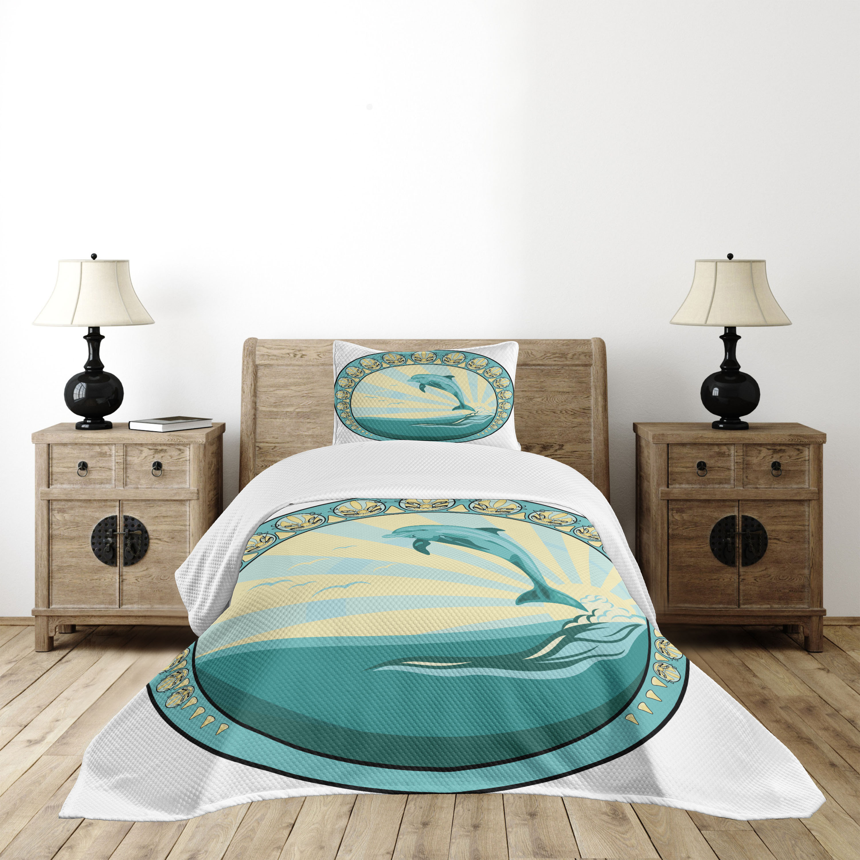 Ambesonne Dolphin Bedspread Mammal Jumping out Sea Teal Yellow Black ...