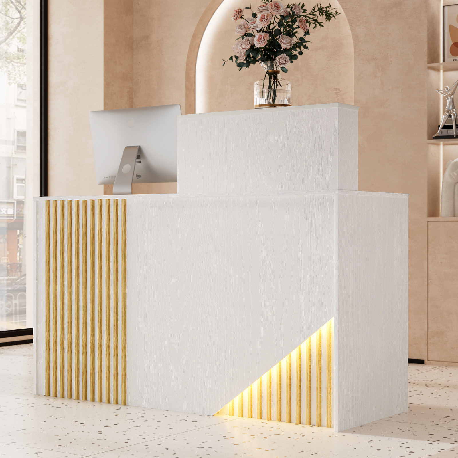 Ebern Designs Front Bevel Reception Desk With Filing Cabinet Power ...