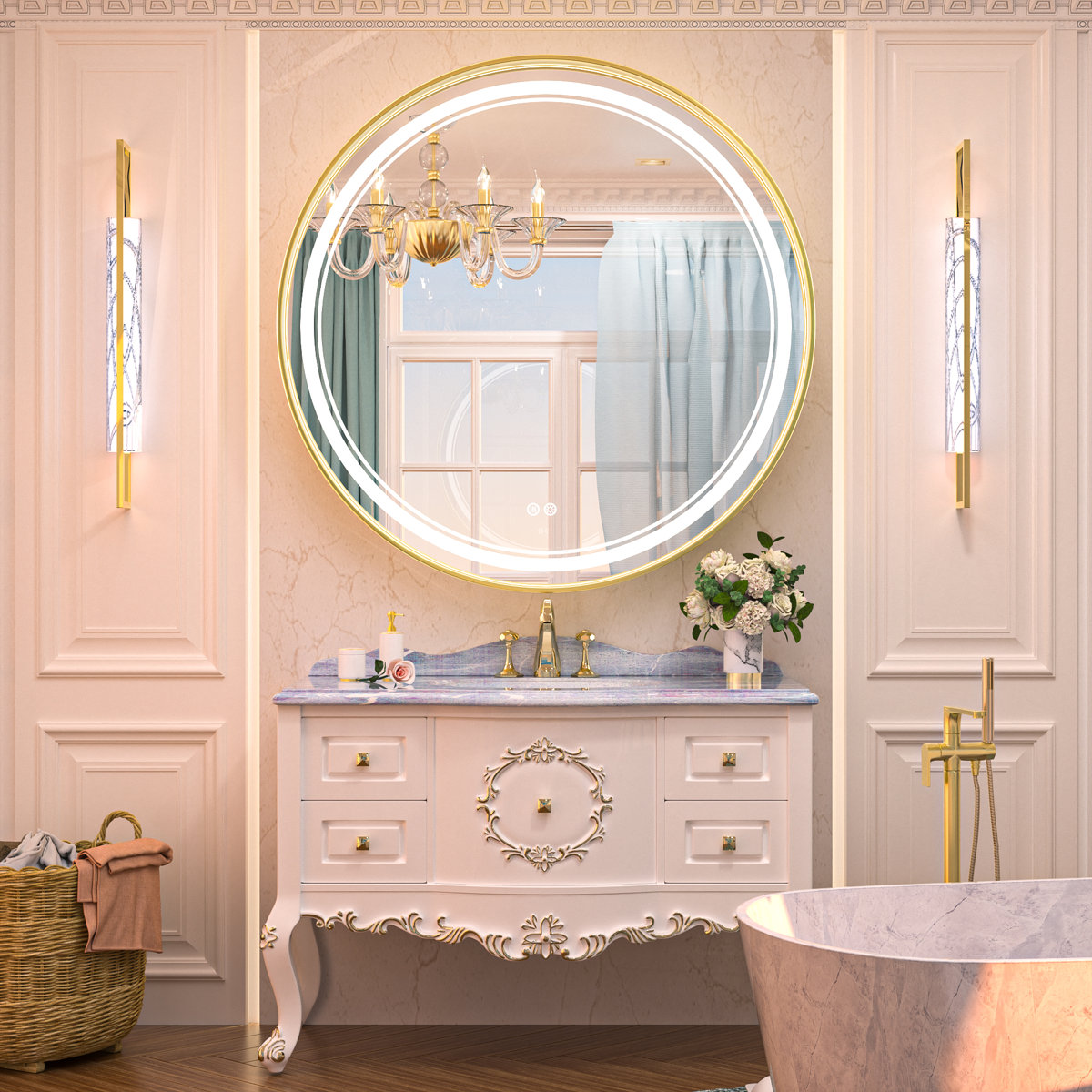 Wrought Studio™ LED Round Vanity Mirror Lighted Metal Wall Mirror ...