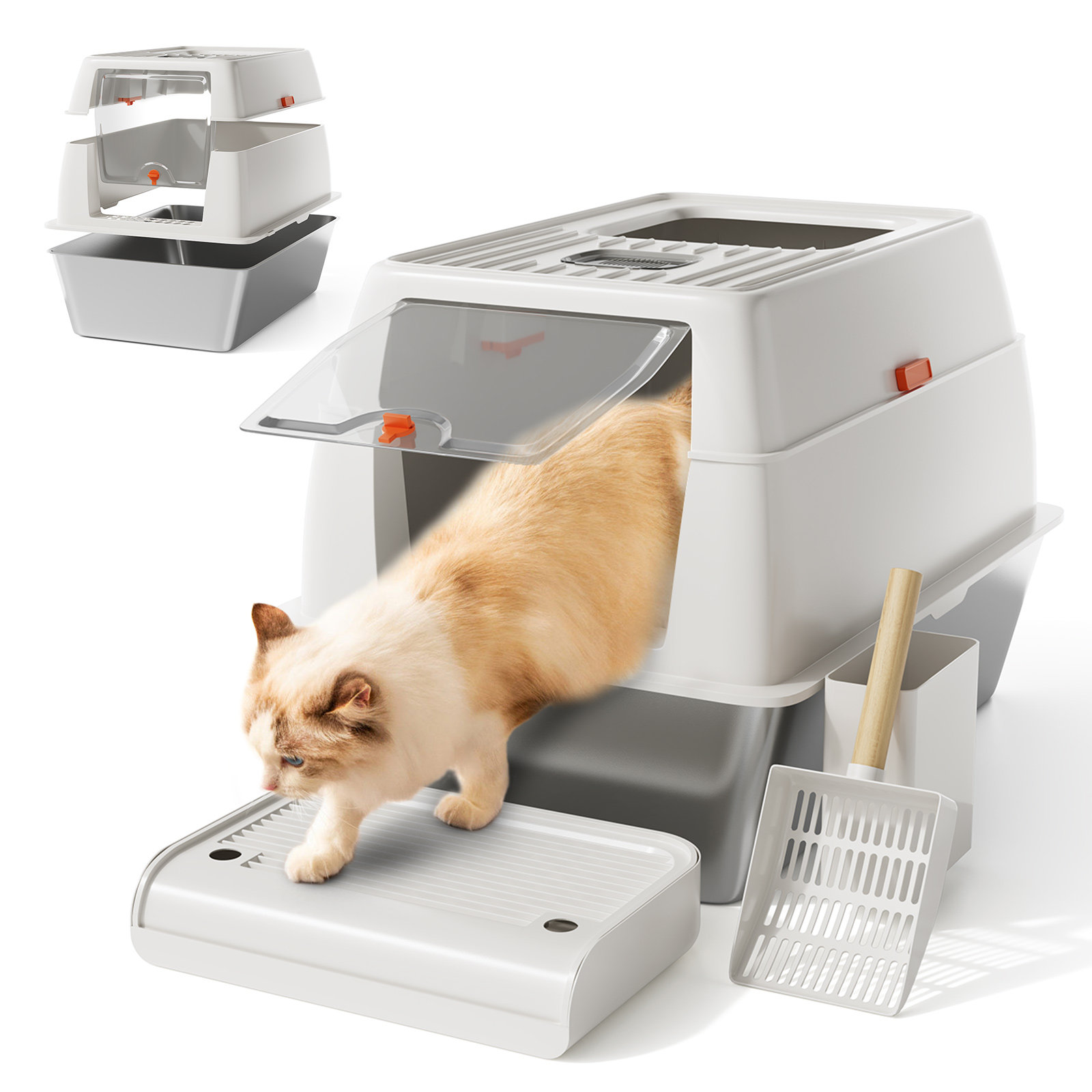 TABU Stainless Steel Cat Litter Box with Lid, Enclosed Litter Box with ...