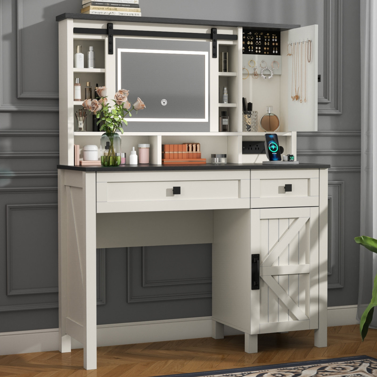 Gracie Oaks Sargon Farmhouse Vanity Desk w/Lighted Sliding Mirror ...