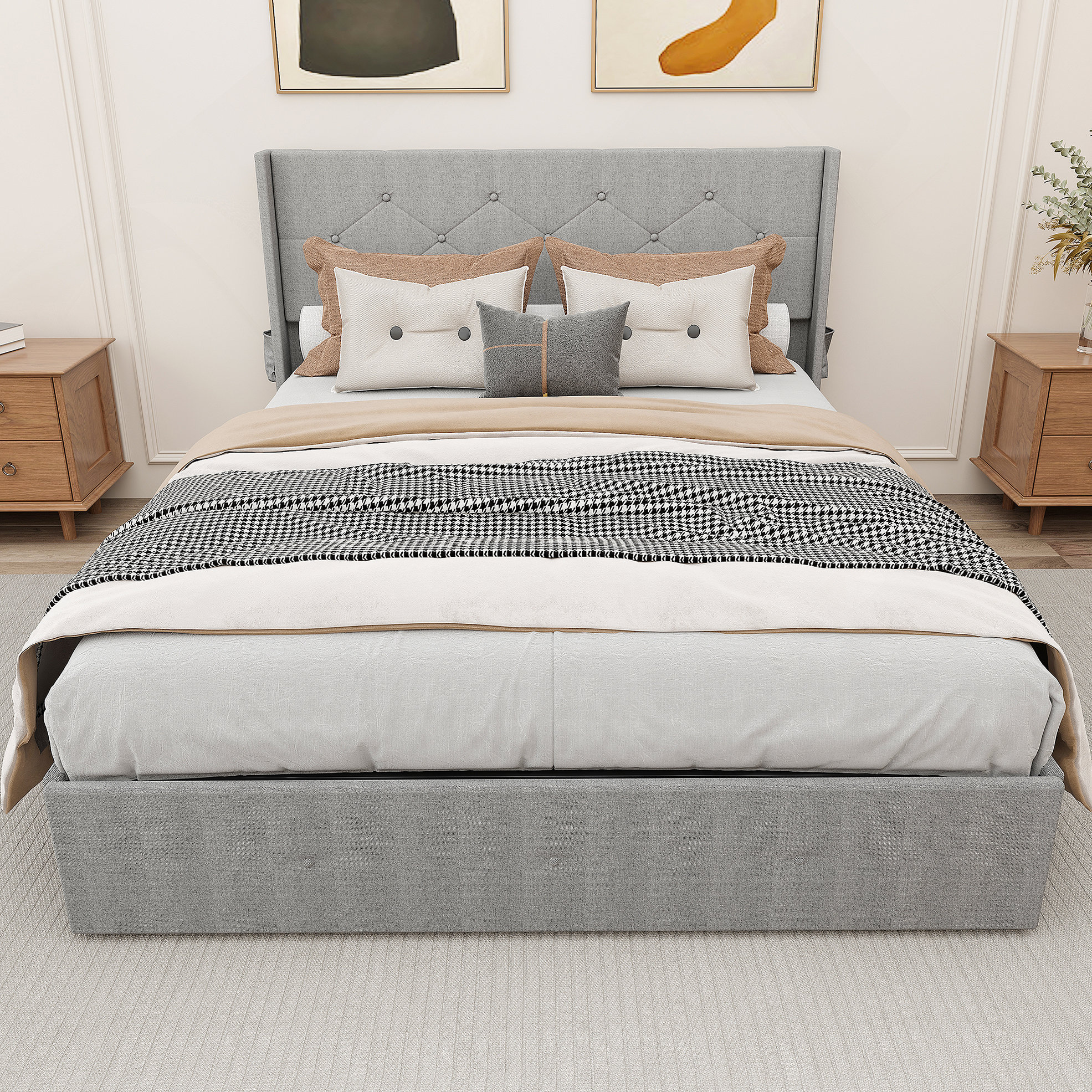 Winston Porter Queen Size Bed Frame with Storage - Lift Up Storage Bed with Modern Wingback ...