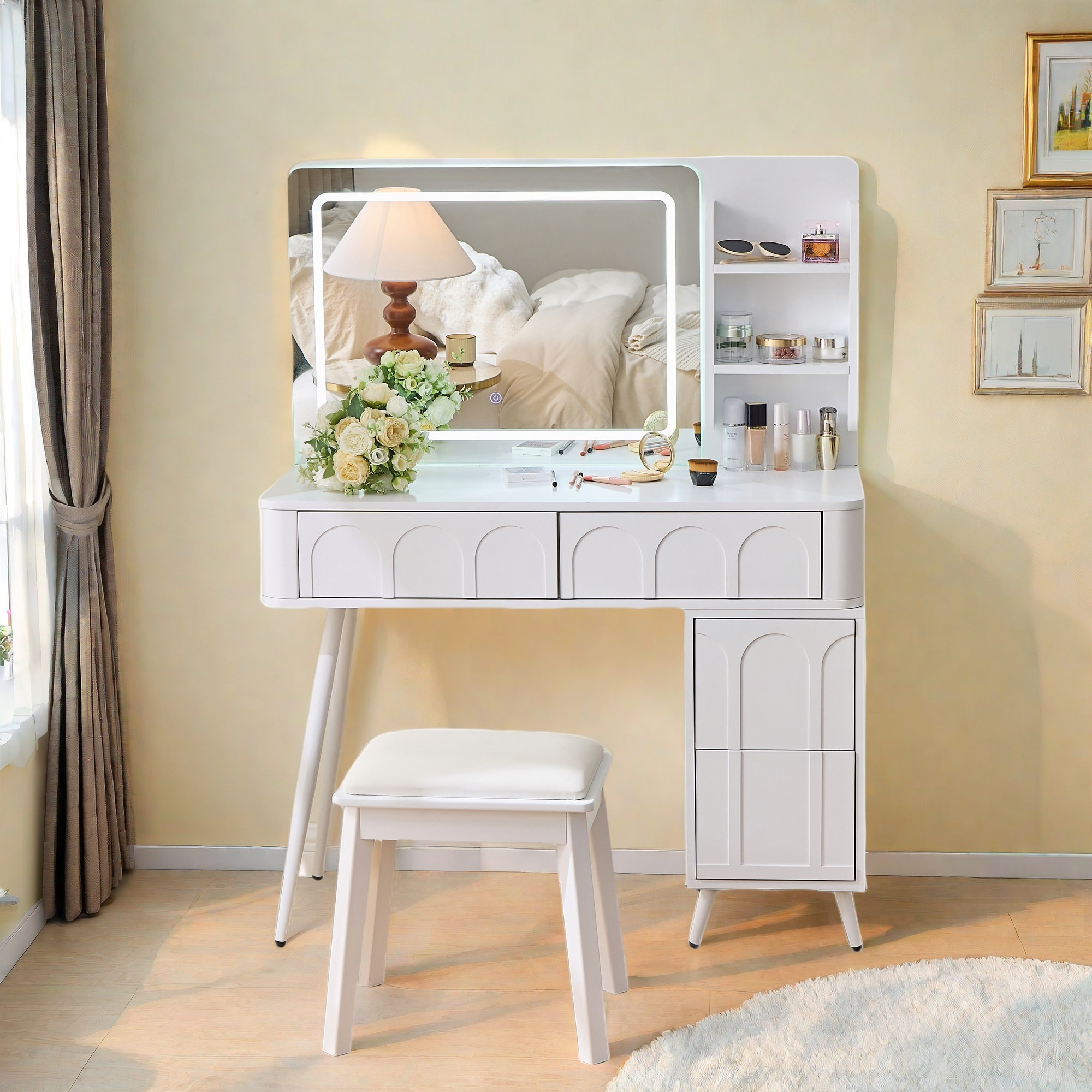 Everly Quinn Modern Makeup Vanity Desk Set With Stool, Led Lights ...