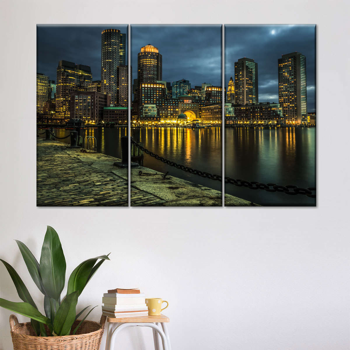 Ebern Designs Boston Skyline at Night - 3 Piece Wrapped Canvas Set ...