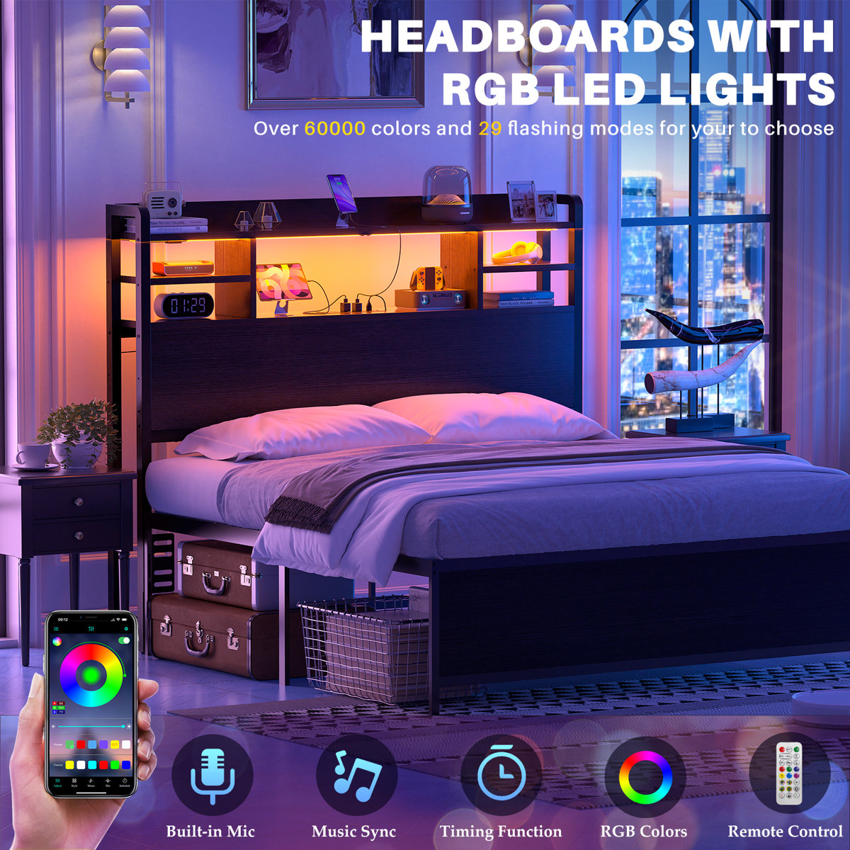 Wrought Studio™ Storage Headboard with LED Lights, Bookcase Headboard ...