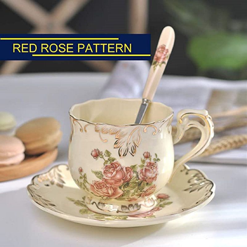 Rosdorf Park Ivory Pink Rose Ceramic Cups And Saucers Set 8 Oz, Set Of ...