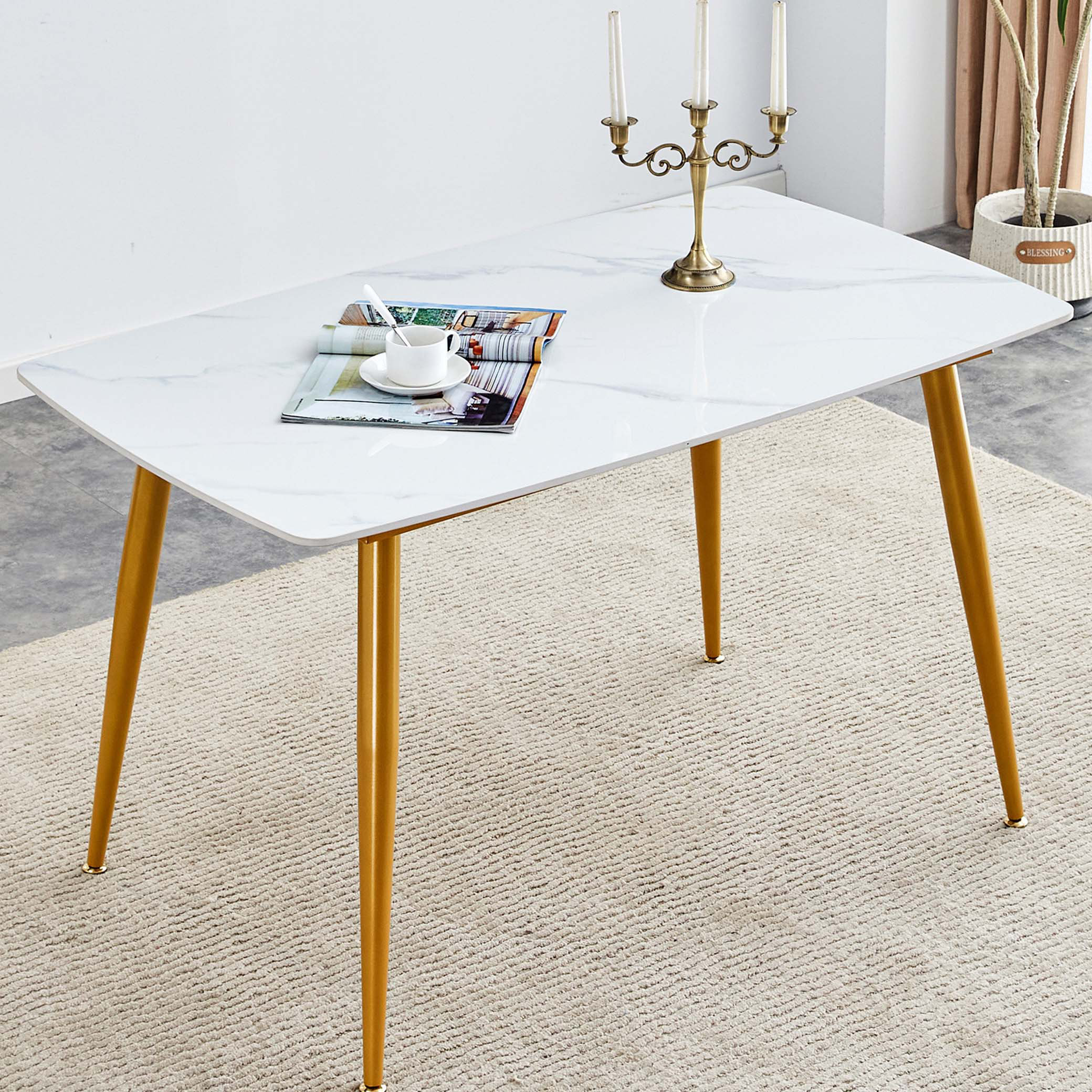 Mercer41 White Marble Pattern Dining Table, Golden Metal Legs, 50"X30 ...