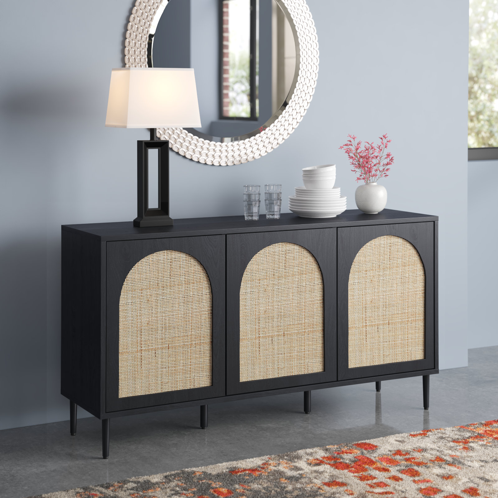 Wade Logan Castyn 56" Wide Rattan Door Sideboard with Adjustable ...