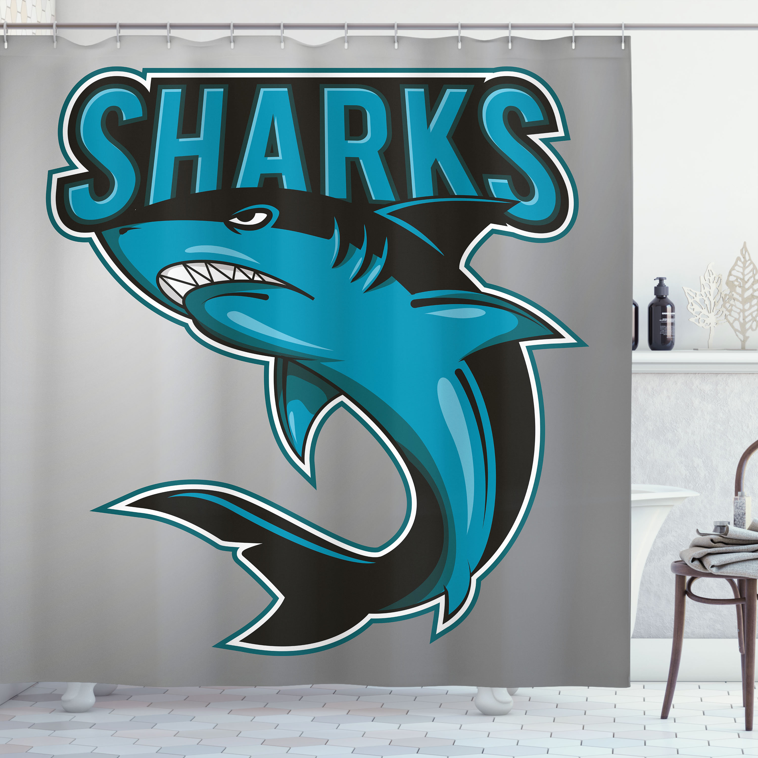 Latitude Run® Shark Shower Curtain Angry Danger Fish Fins Petrol Blue ...