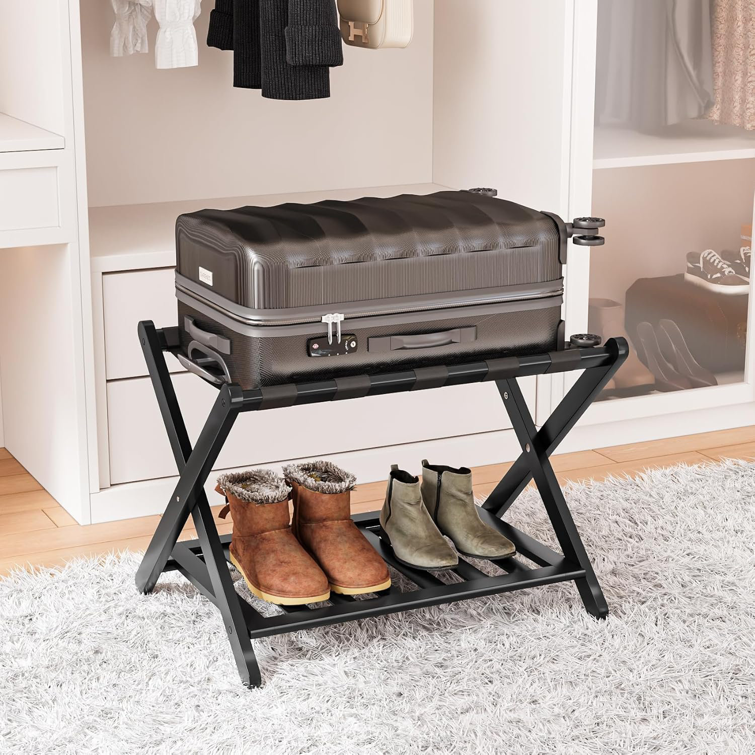 BIGOWY Fully Assembled Luggage Rack, Suitcase Stand with Shoe Shelf ...