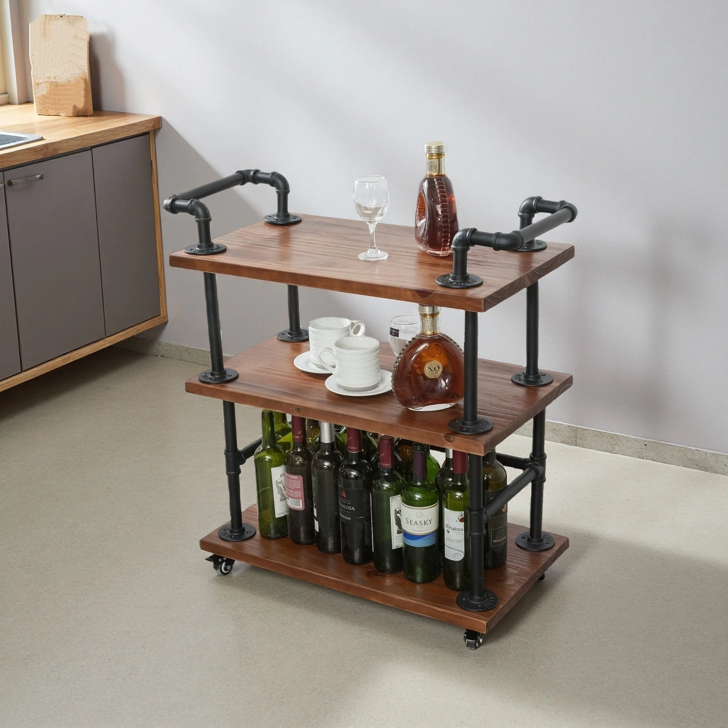 17 Stories Industrial Pipe Bar Carts/Serving Carts/Kitchen Carts/Wine Rack Carts On Wheels With ...
