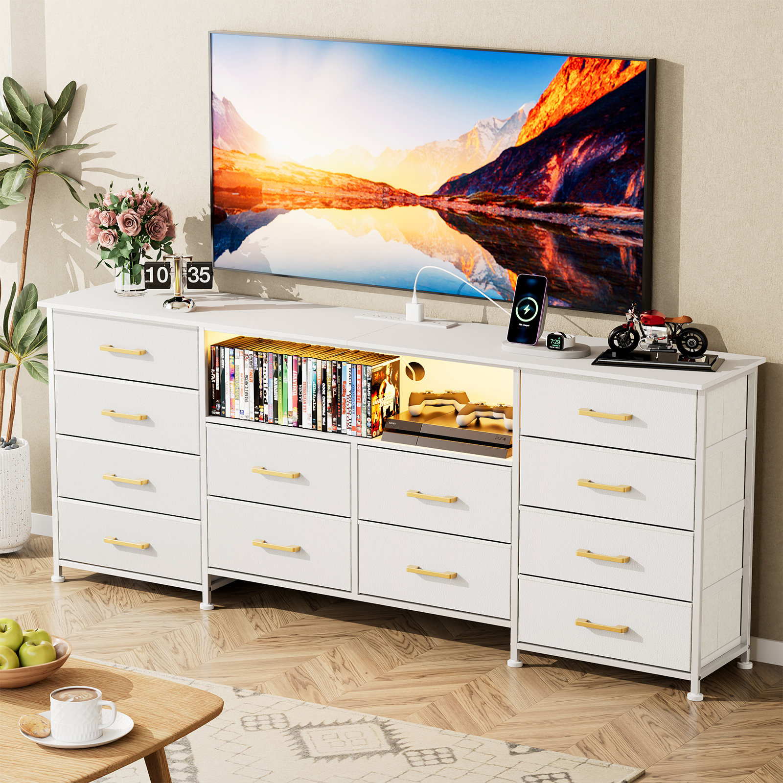 Wrought Studio™ 12 Drawers TV Stand with Power Outlet & LED Long ...