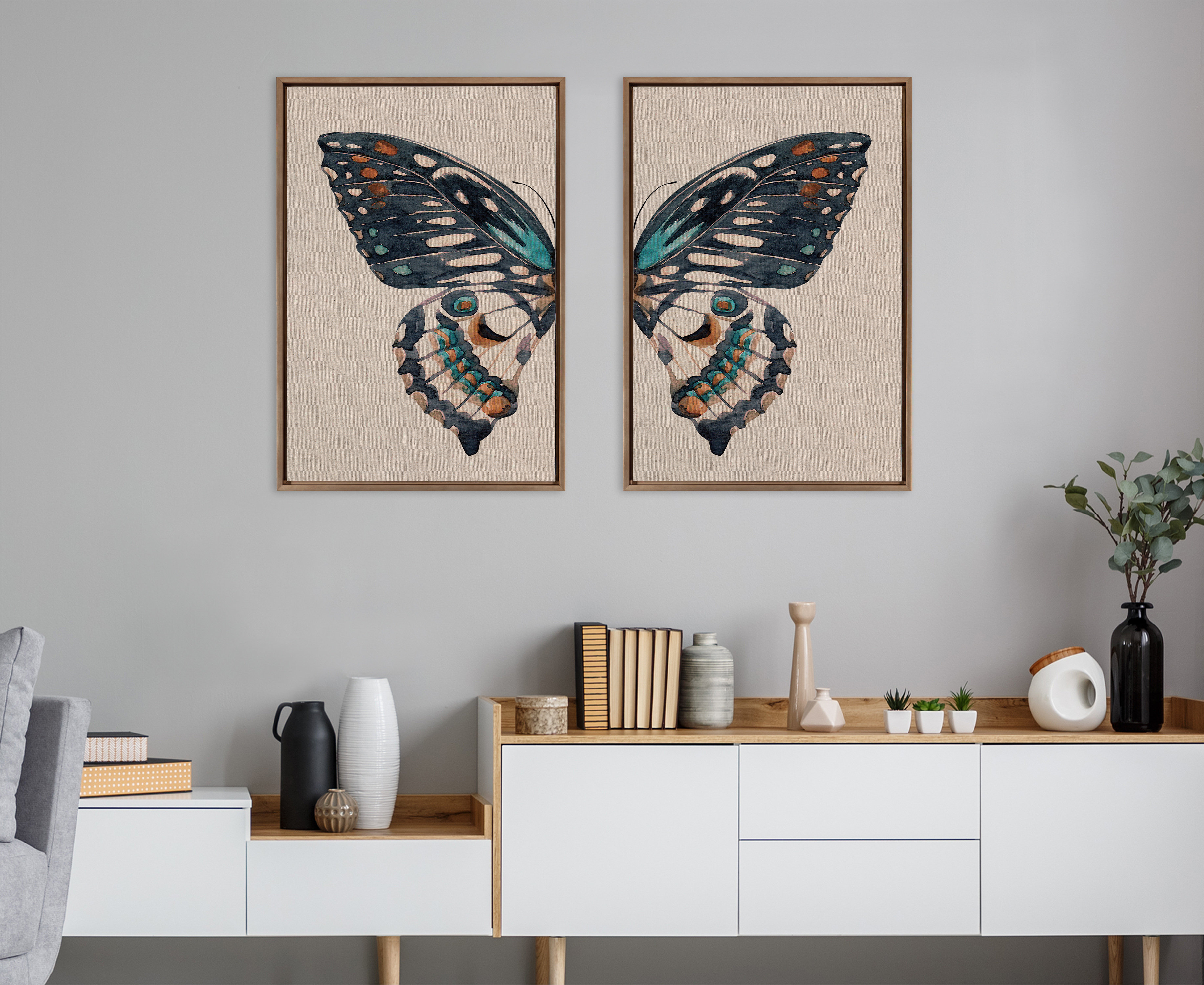 Lark Manor™ Drumheller Boho Butterfly Watercolor Diptych Neutral Linen ...