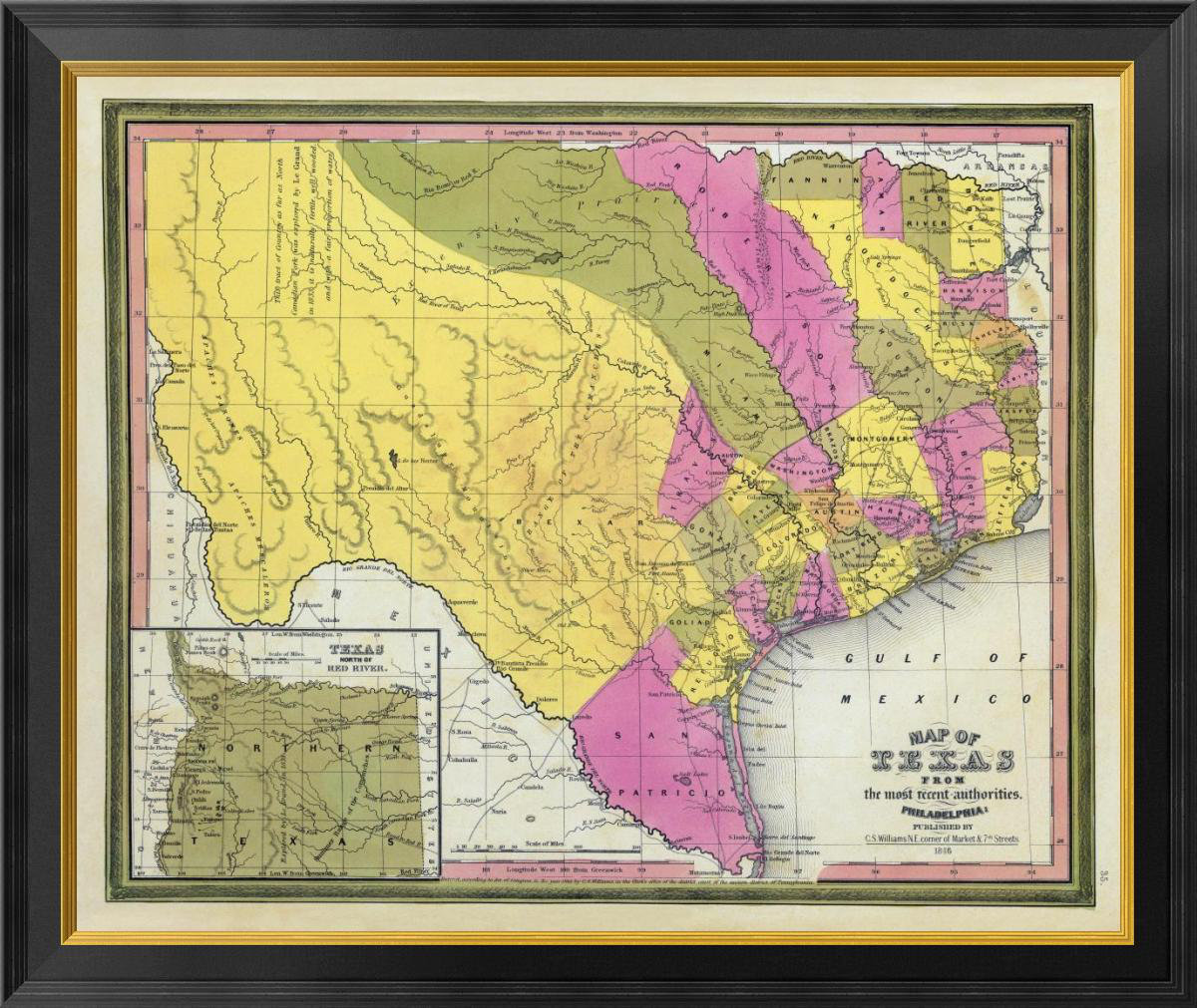 Global Gallery Map of Texas, 1846 by Samuel Augustus Mitchell Framed ...