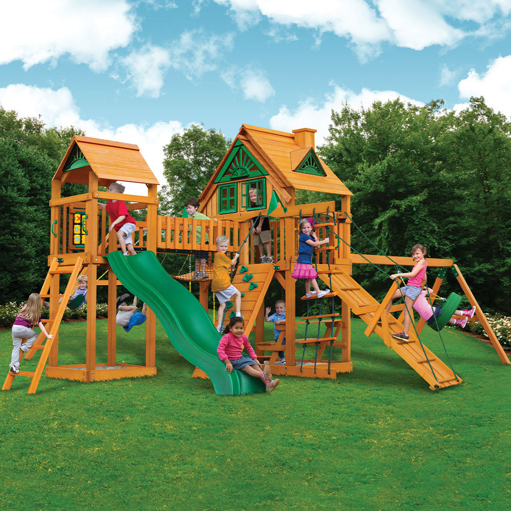 Gorilla Playsets Pioneer Peak Swing Set with Clatter Bridge and Tire ...