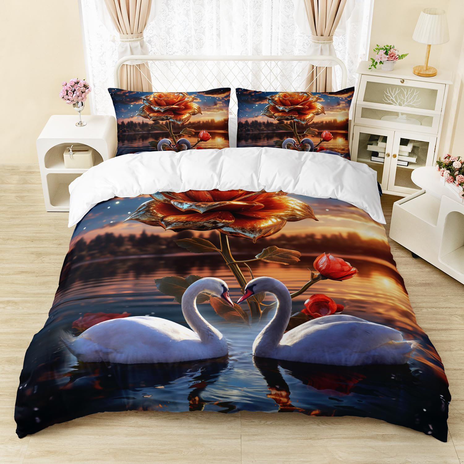 IMEVOR Swan Duvet Cover Set Twin Size Swan Lake With Gold Rose Bedding ...