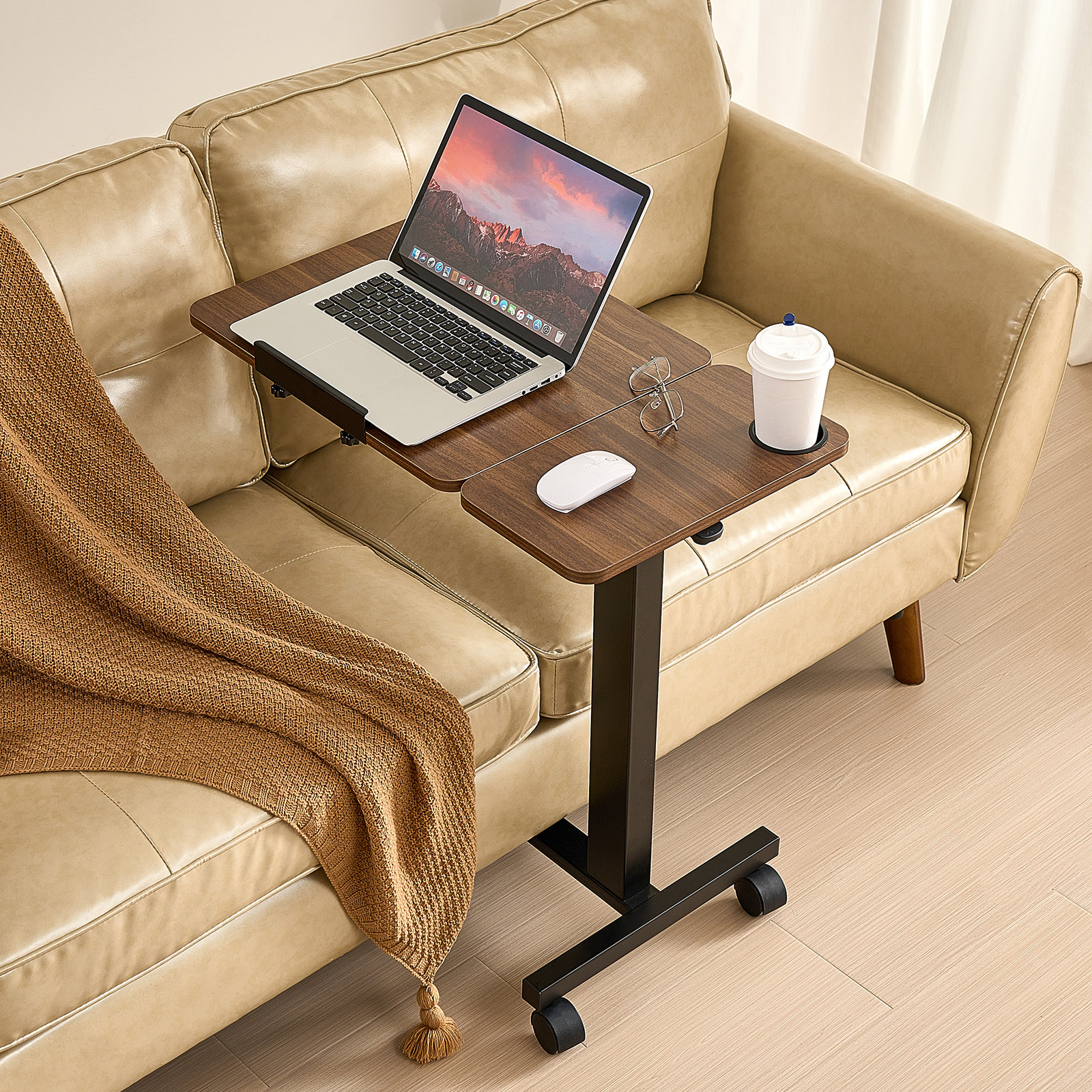 Inbox Zero Overbed Table, Mobile Bed Side Table with Flip Desktop and 4 ...