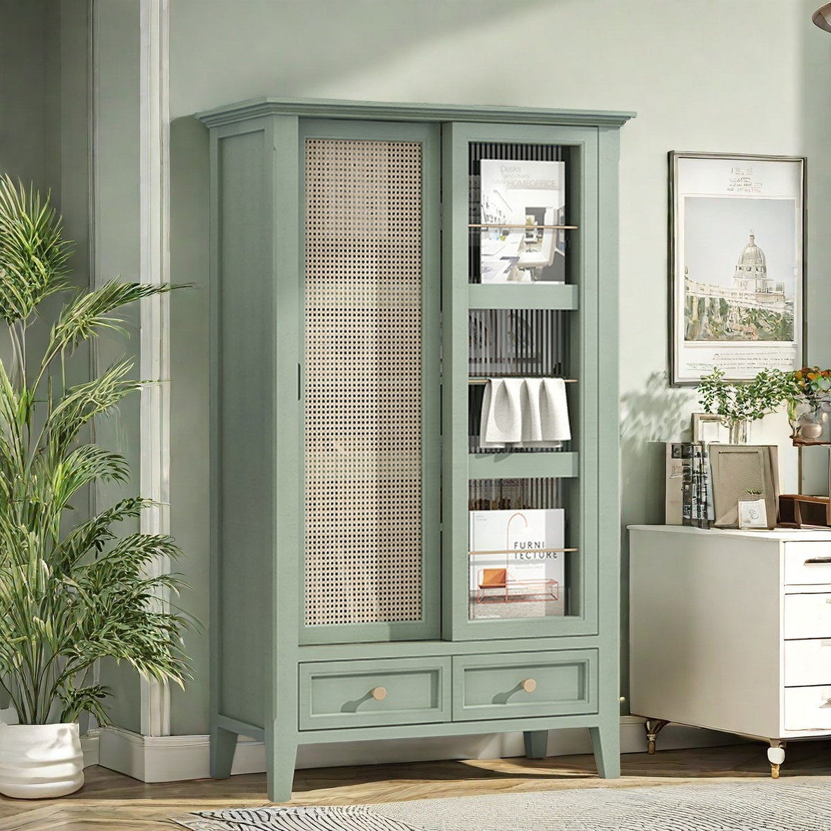 NICECABINET Grayish Green Wooden Multifunctional Bookcase | Wayfair