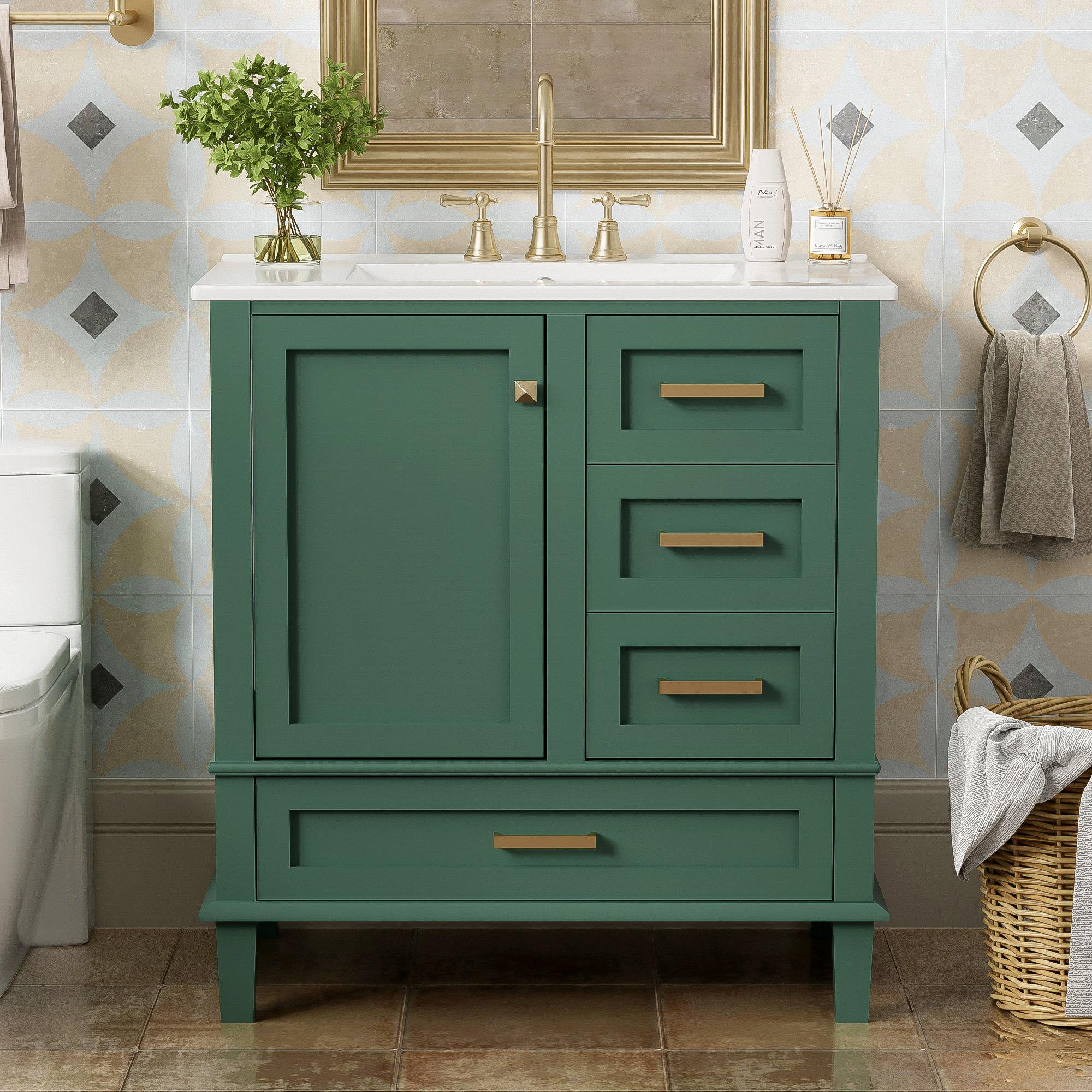 Winston Porter Toby 30" Bathroom Vanity with Ceramic Sink & 3 Drawers ...
