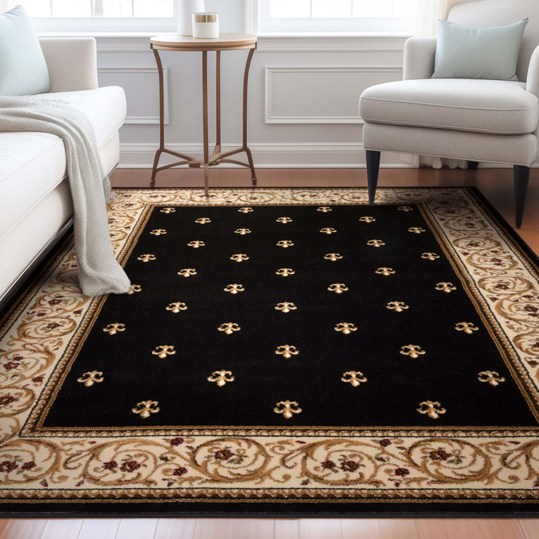 Charlton Home® Doykos Fleur De Lis Traditional Oriental Black Plush Rug ...