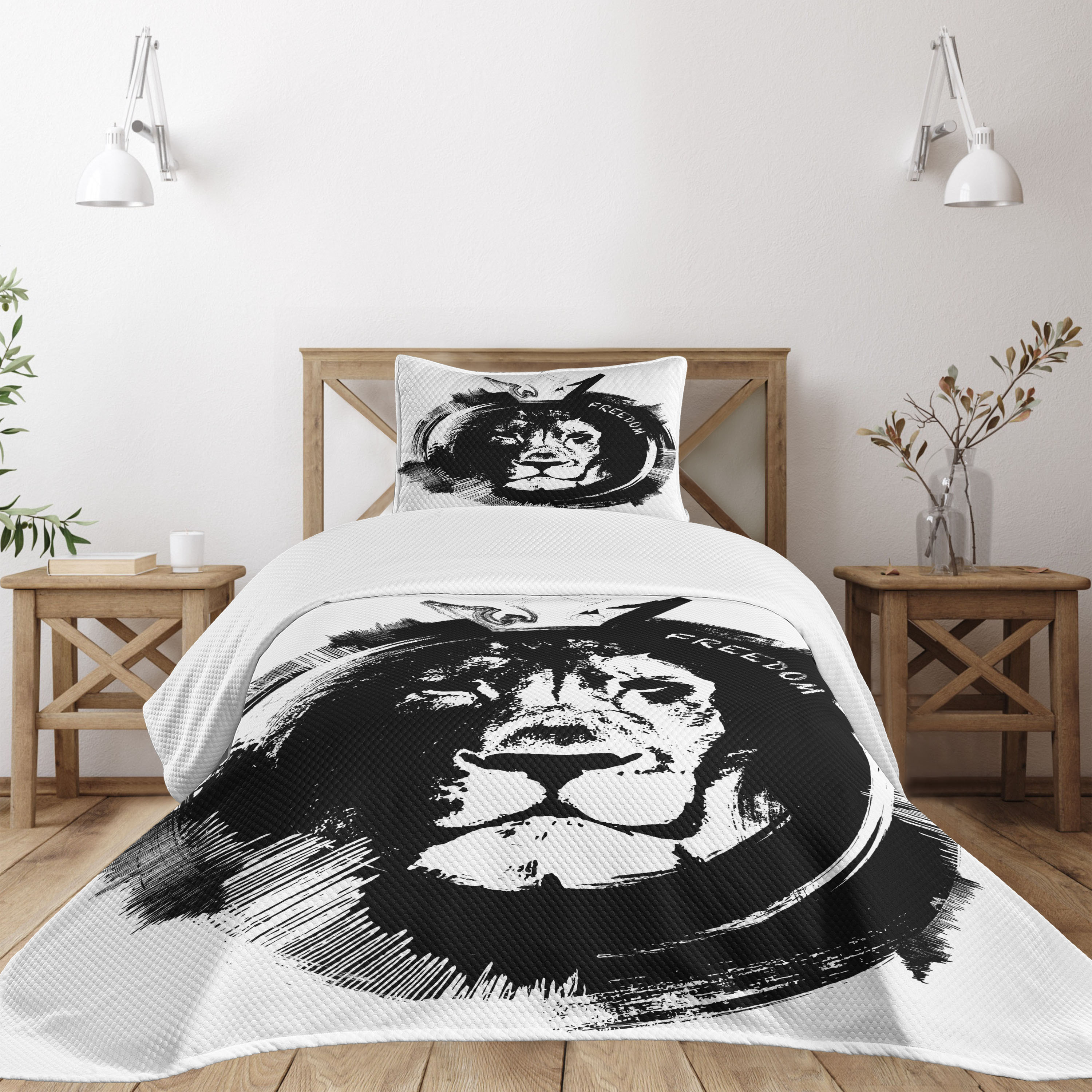 Ambesonne Lion Bedspread Set of the Forest Freedom Black and White ...
