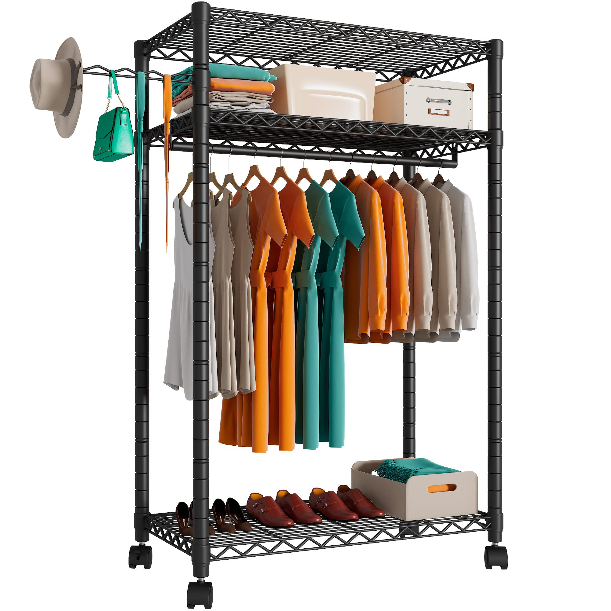 Rebrilliant Heavy Duty Portable Garment Rack - 3 Shelves and 1 Hang Rod ...
