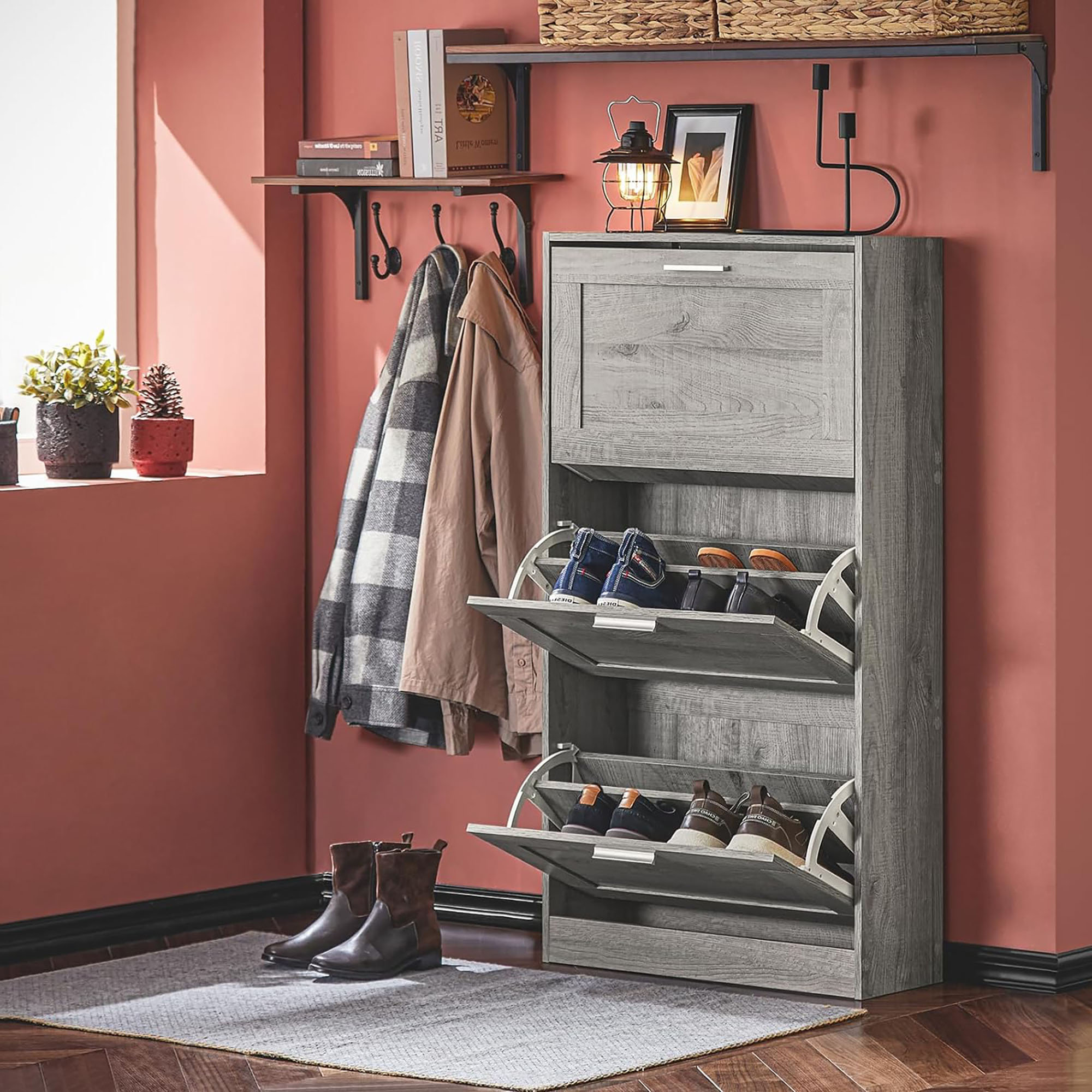 Gracie Oaks Grey Freestanding Shoe Cabinet Organizer With 3 Flip ...