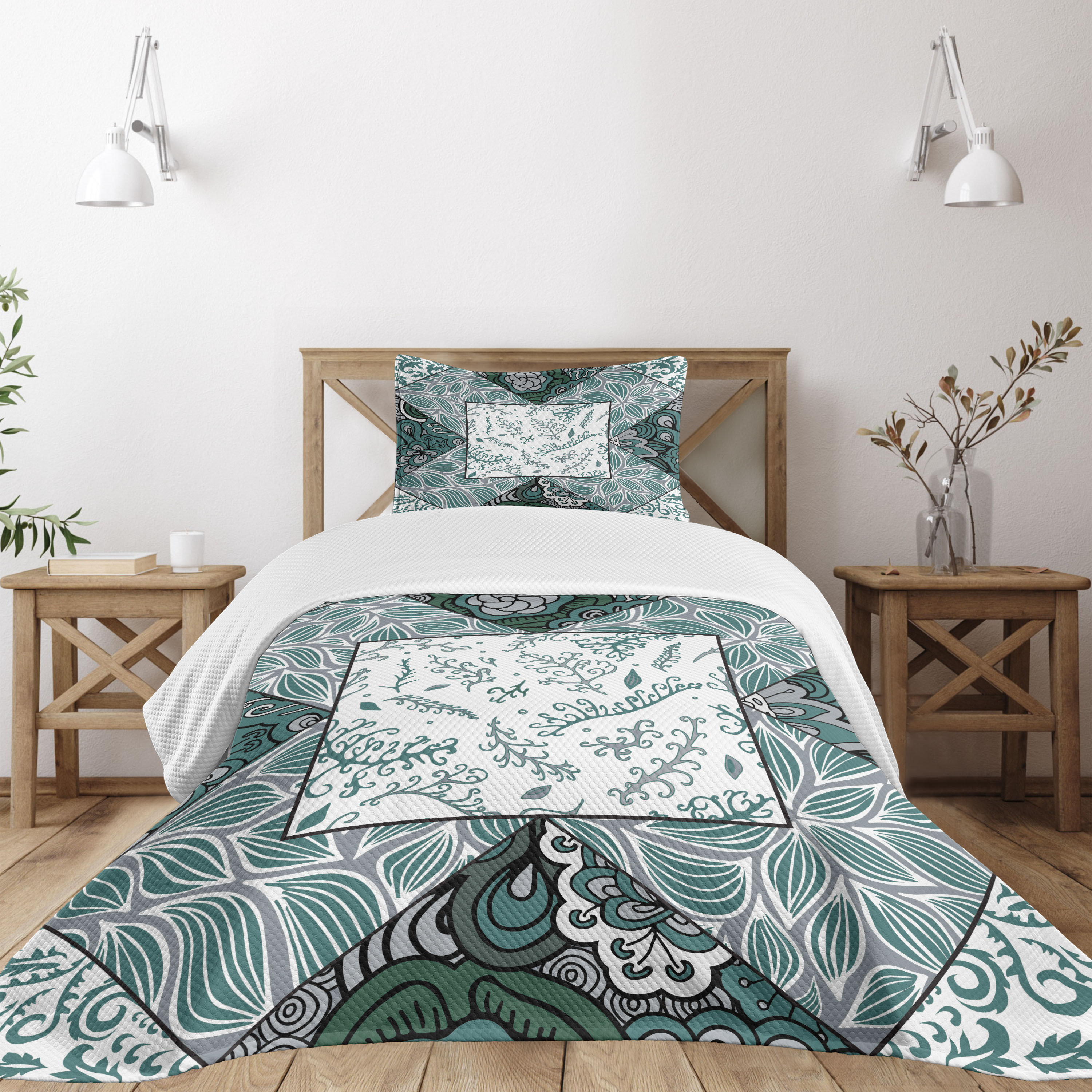 Ambesonne Boho Bedspread Leaves Chevron Flower Mix Jade Green Grey ...