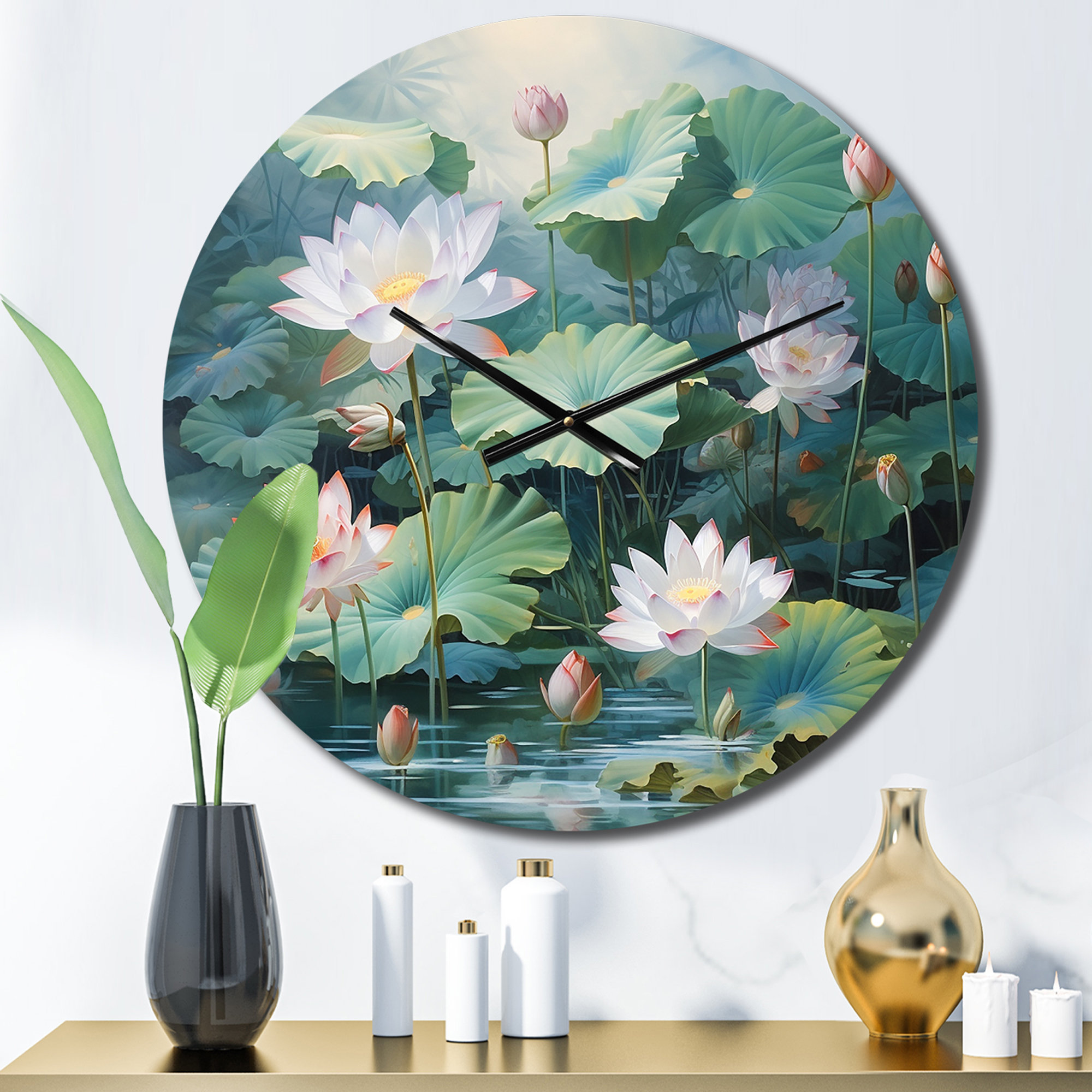 East Urban Home Asian Art Lotus Pond II - Asian Wall Clock | Wayfair