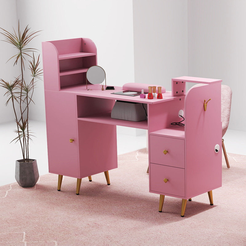 Artist Hand Pink Nail Table With 2 Drawers And Usb Ports, Wooden ...