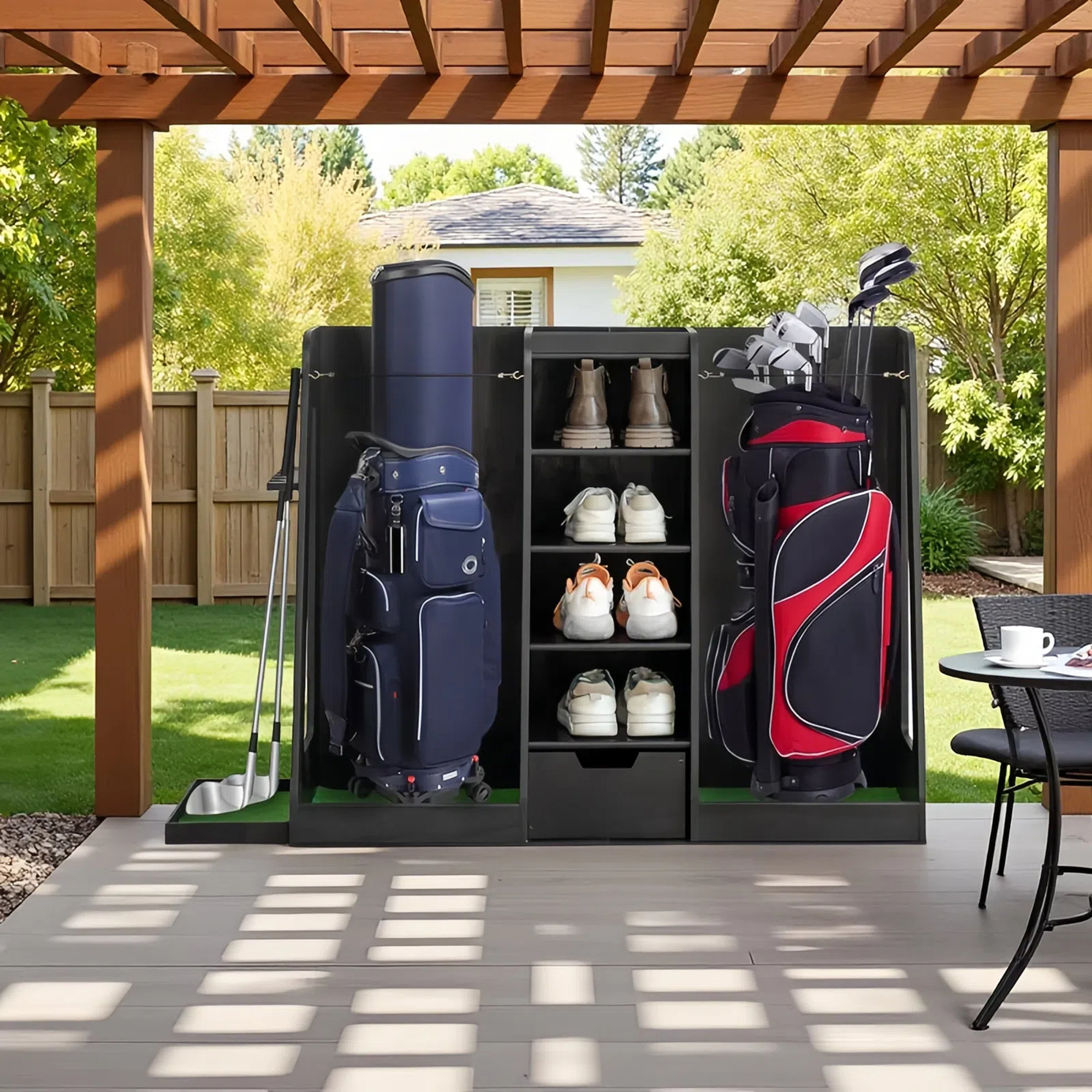 Rebrilliant Wooden Golf Storage Rack With Drawers & Club Holders | Wayfair