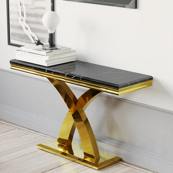 Everly Quinn Devendra 50'' Luxury Gold Console Tables with Rich Gold X ...