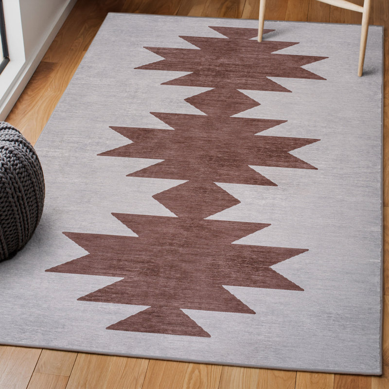 Loon Peak® Katriel Minimalist Geometric Machine-Washable Gray/Brown Rug ...