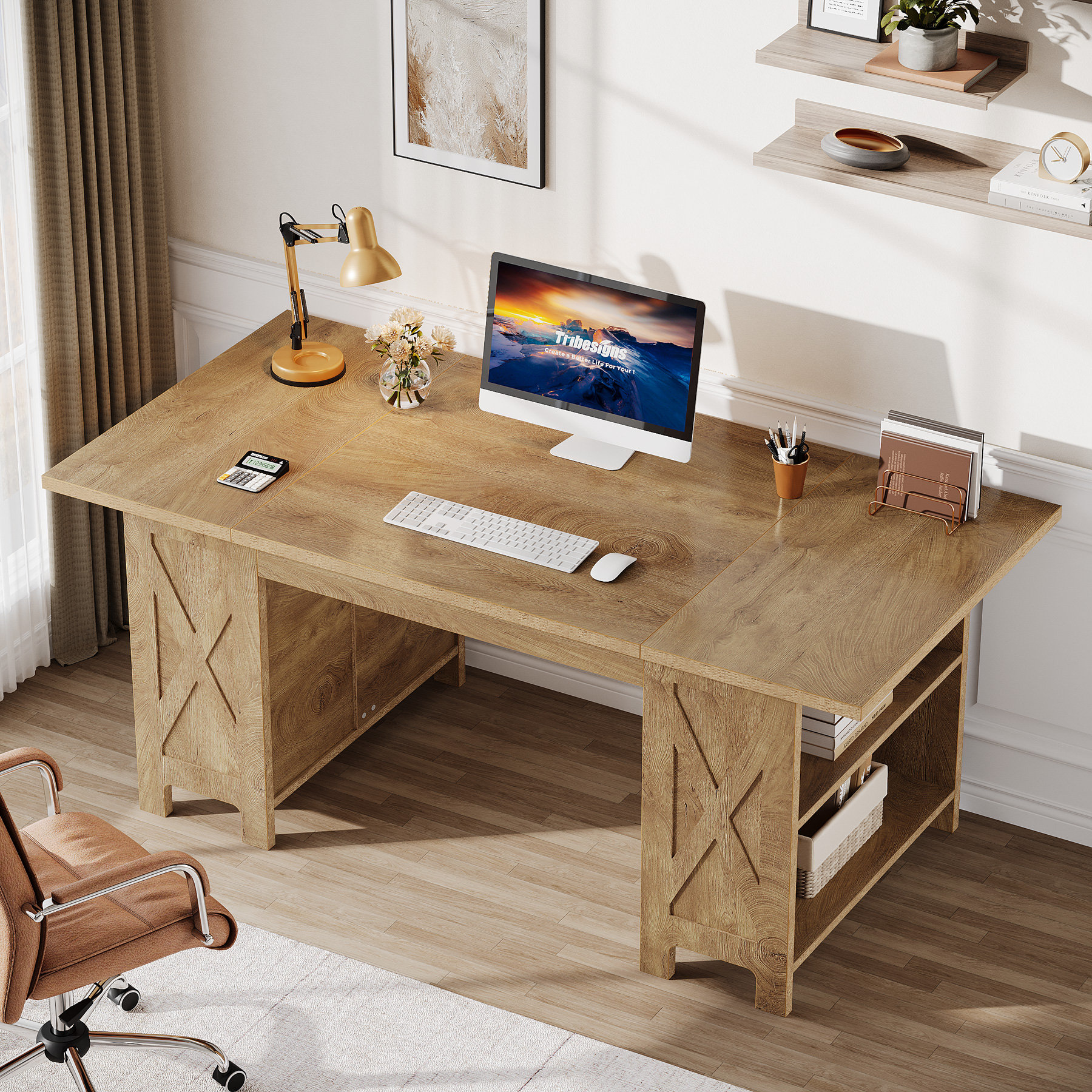 XDYZ 63" Large Executive Desk, Wooden Office Computer Desk With Double ...