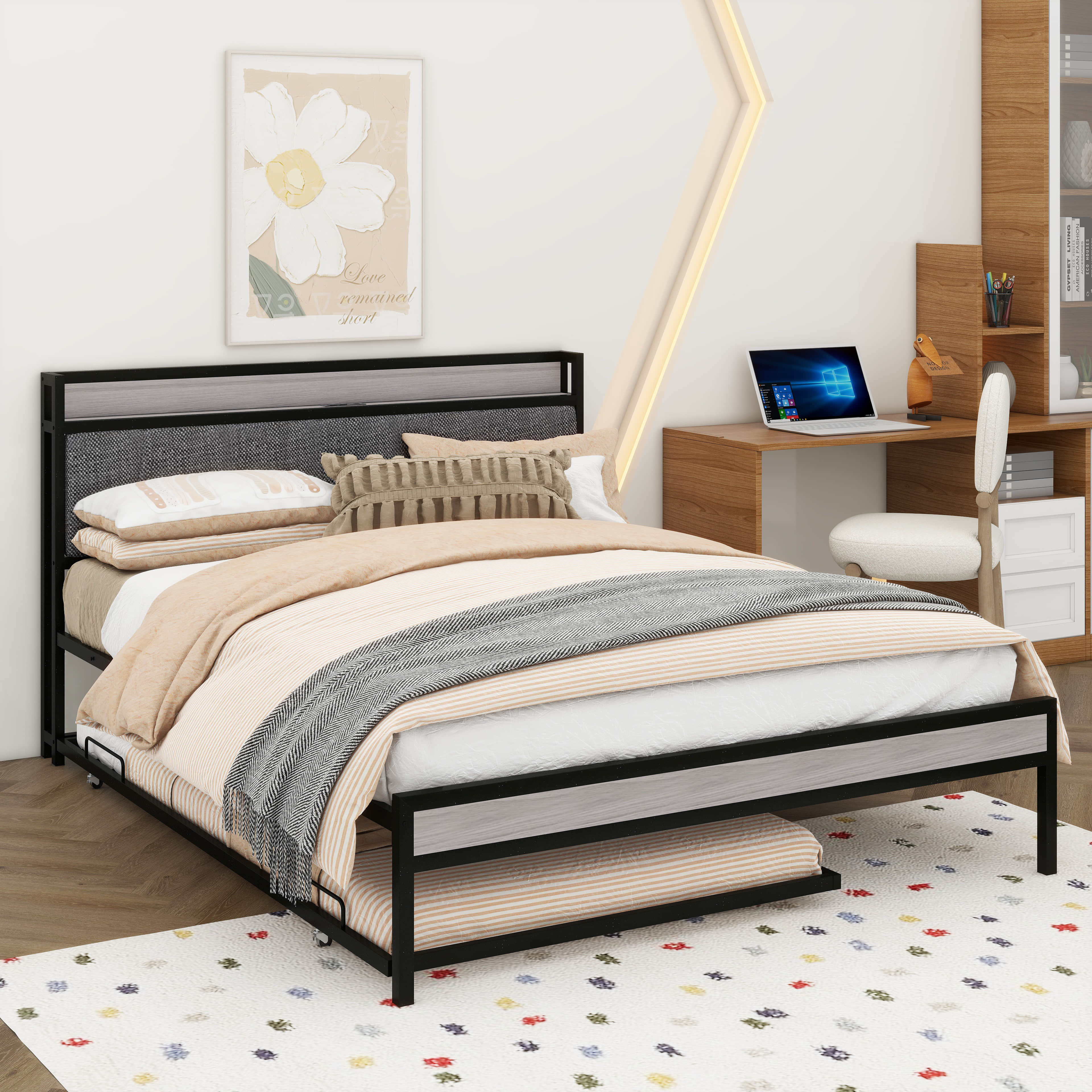 17 Stories Metal Platform Bed Frame Featuring A Trundle, Upholstered ...