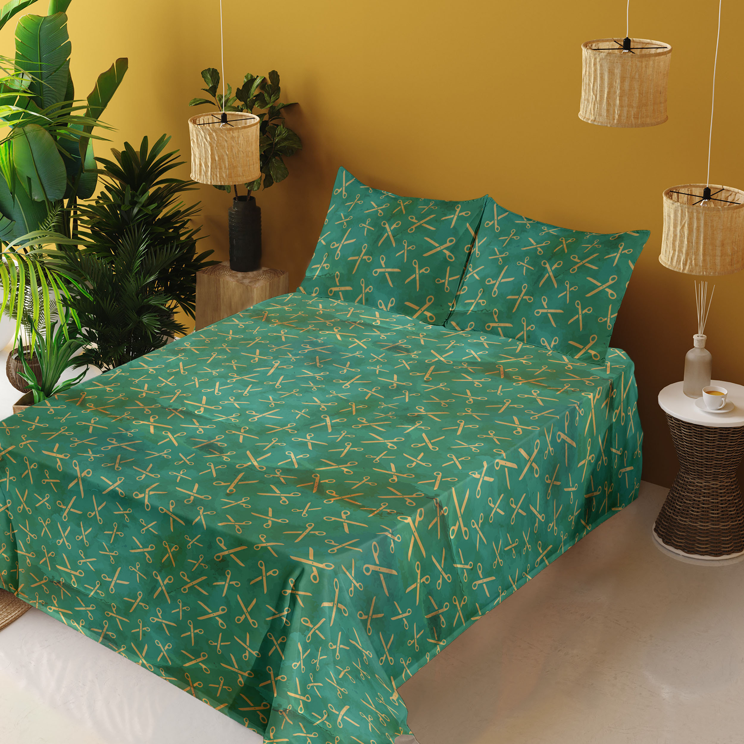 Ambesonne Grunge Sheet Set Retro Scissors Pattern Art Forest Green Jade ...