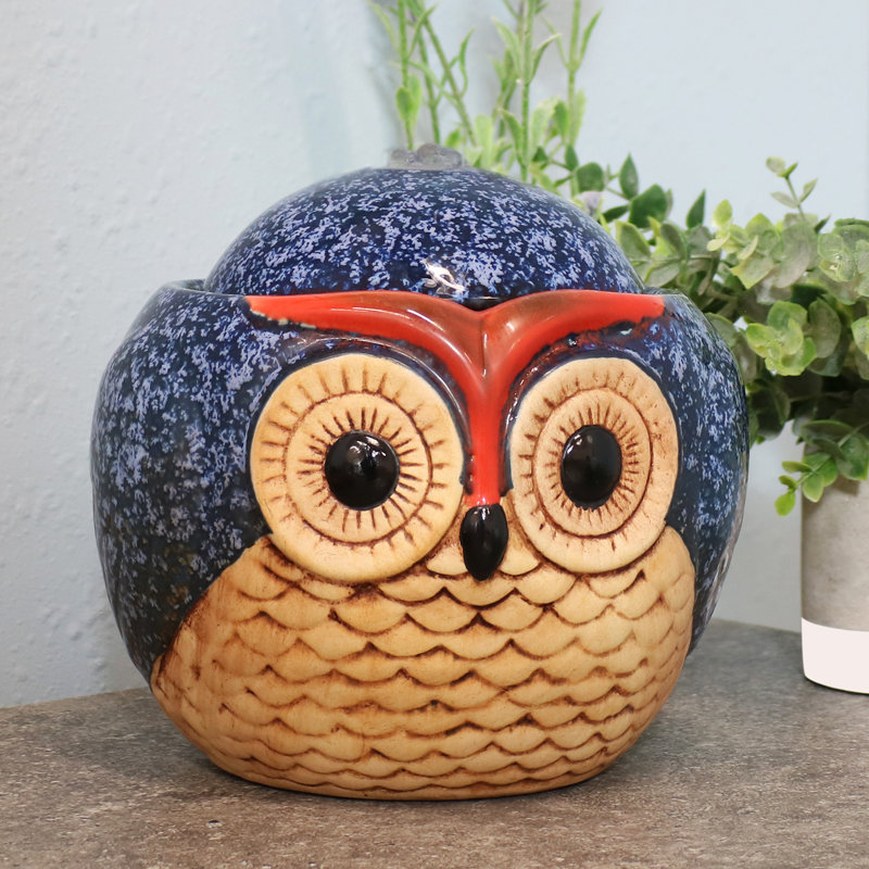 SunnyDaze Decor Blue Ceramic Owl Indoor Tabletop Water Fountain ...