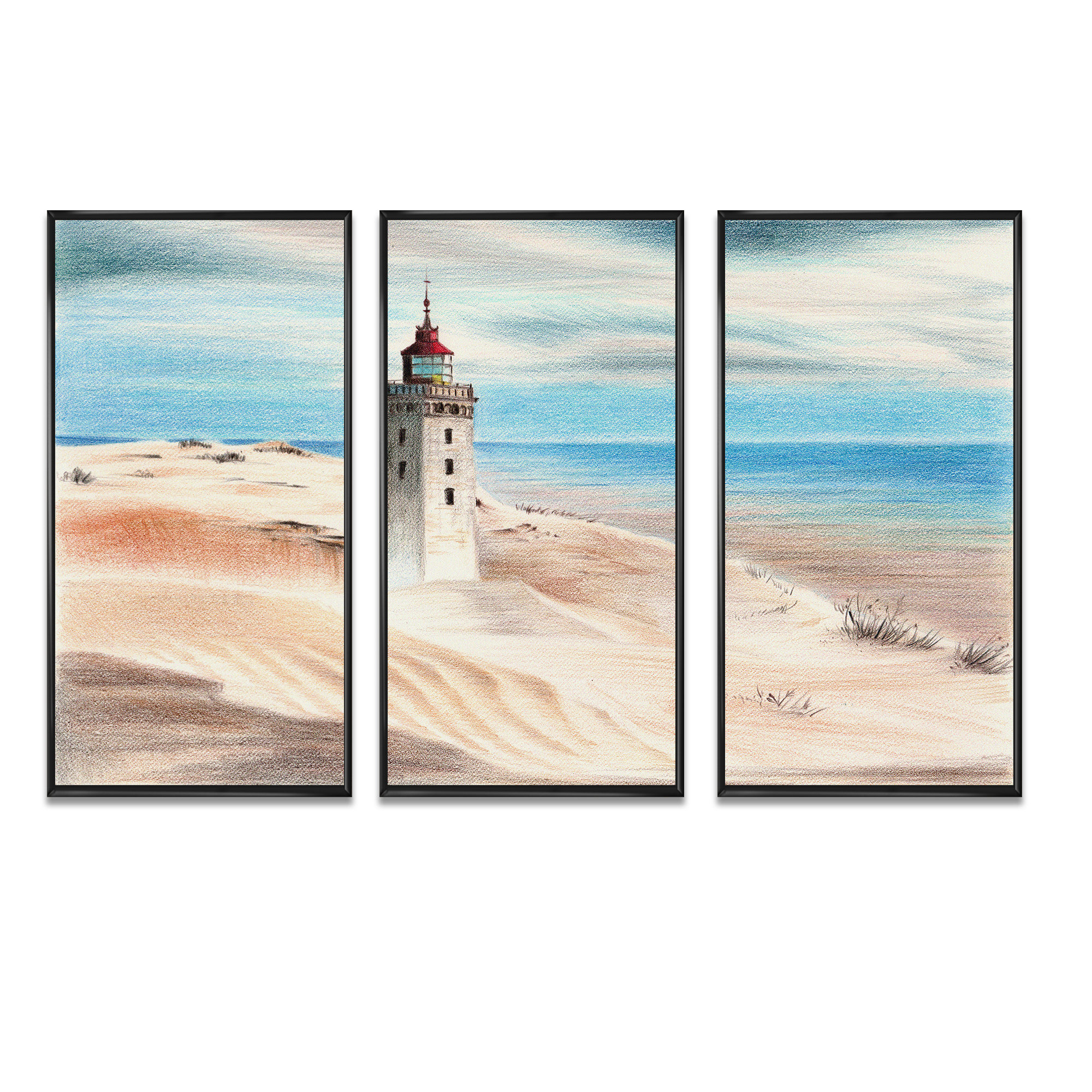 Breakwater Bay Lighthouse by the Blue Ocean - 3 Piece Floater Frame ...