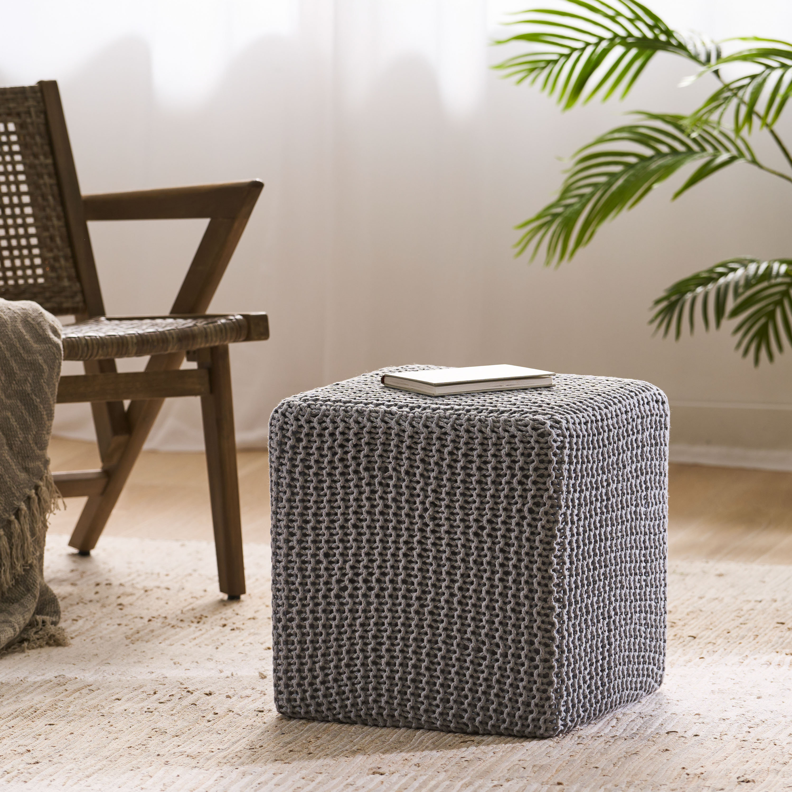 Latitude Run® Cozy Hand-Knitted Light Grey Cotton Foot Stool ...