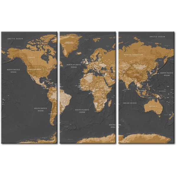 Bless international World Map: Modern Aesthetics On Canvas 3 Pieces ...