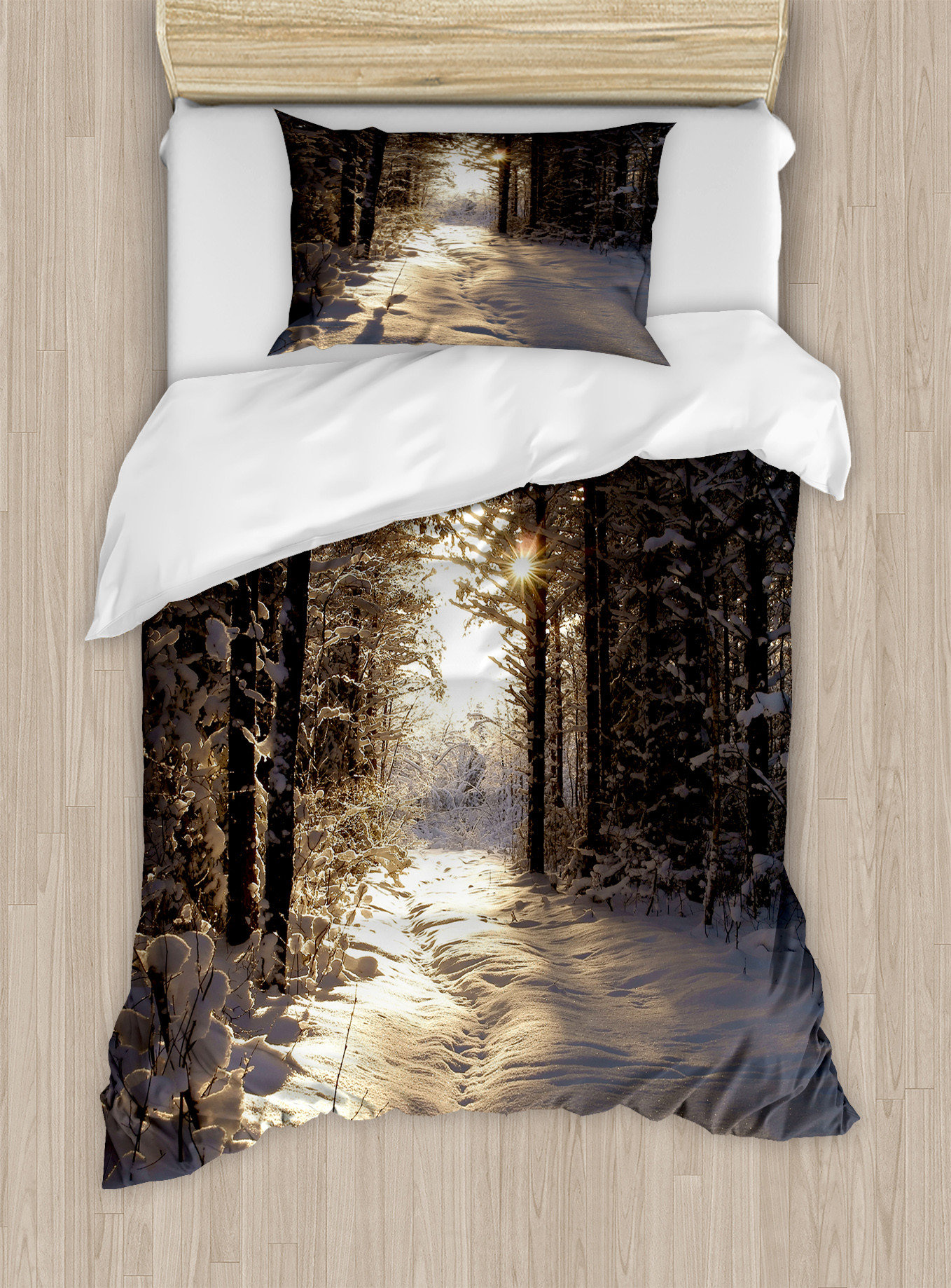Ambesonne Winter Duvet Cover Set, Christmas Snow Forest, Twin, Brown ...