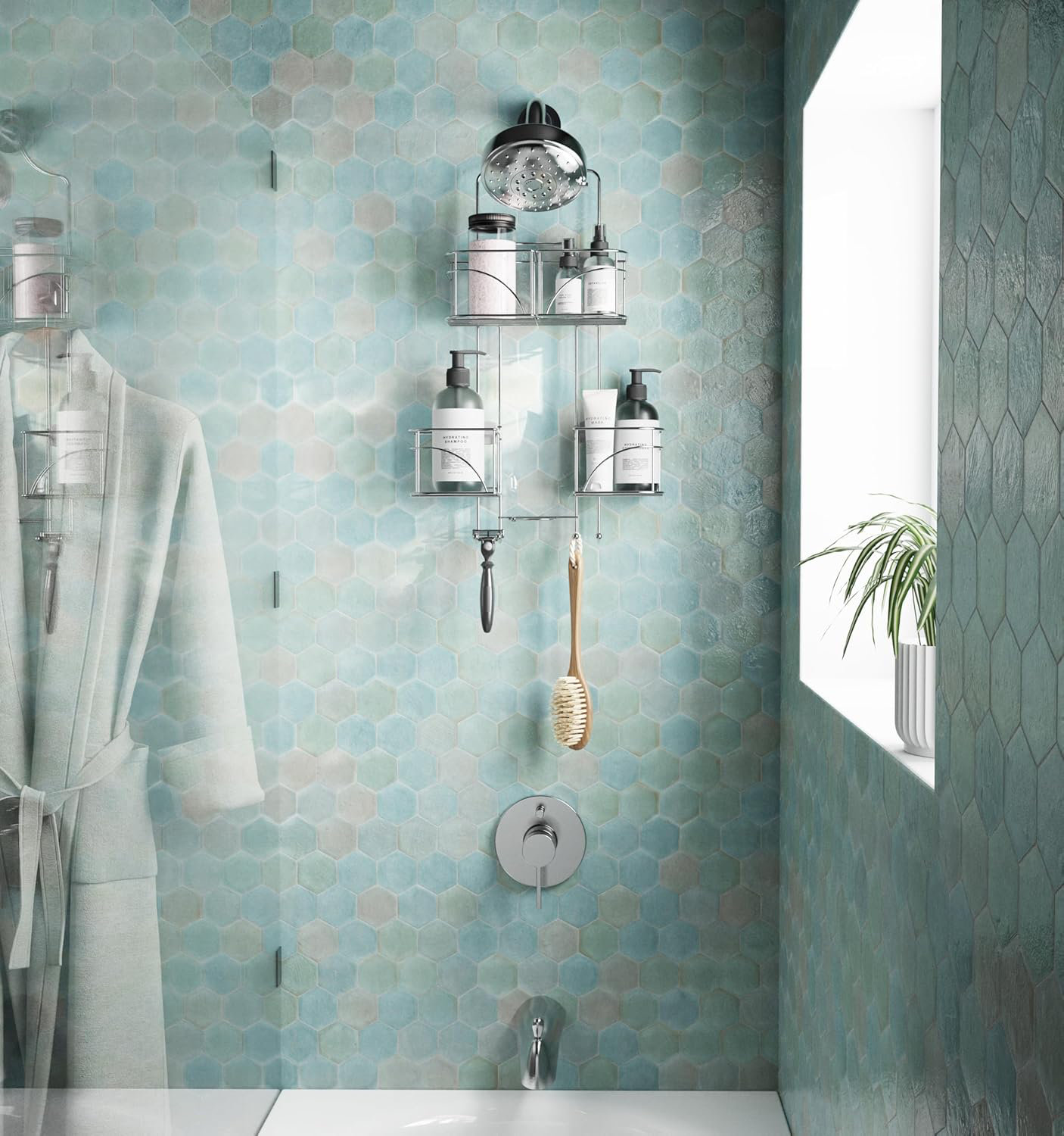 Rebrilliant Expandable Shower Caddy - Chrome Steel Over-The-Shower Head ...